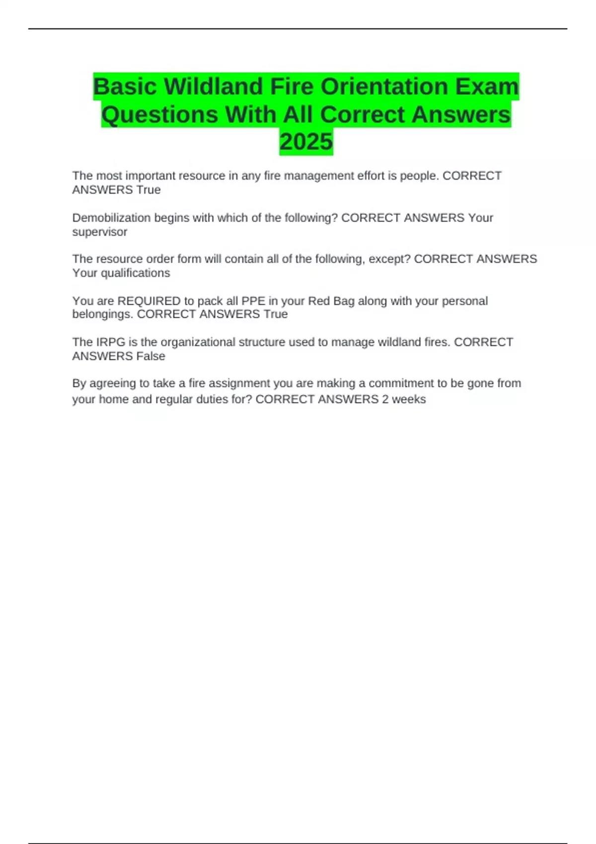 Basic Wildland Fire Orientation Exam Questions With All Correct Answers ...