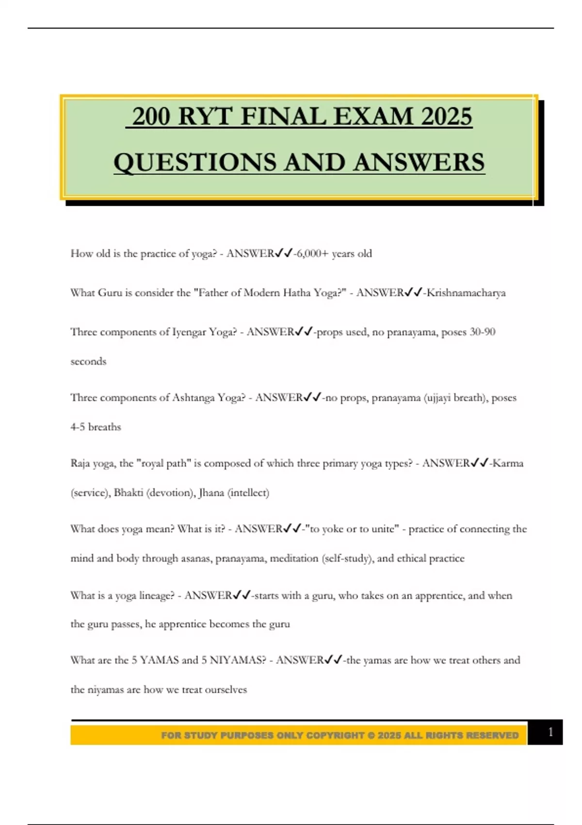 200 RYT FINAL EXAM 2025 QUESTIONS AND ANSWERS - Yoga RYT 200 - Stuvia US