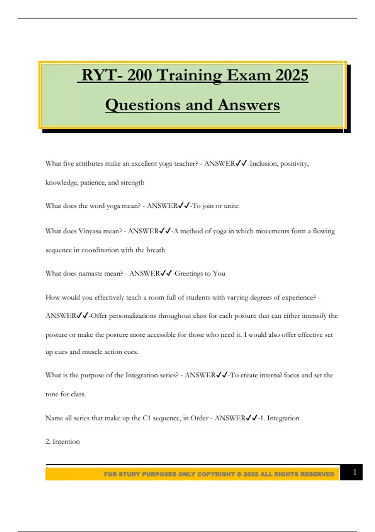 RYT- 200 Training Exam 2025 Questions and Answers - Yoga RYT 200 - Stuvia US