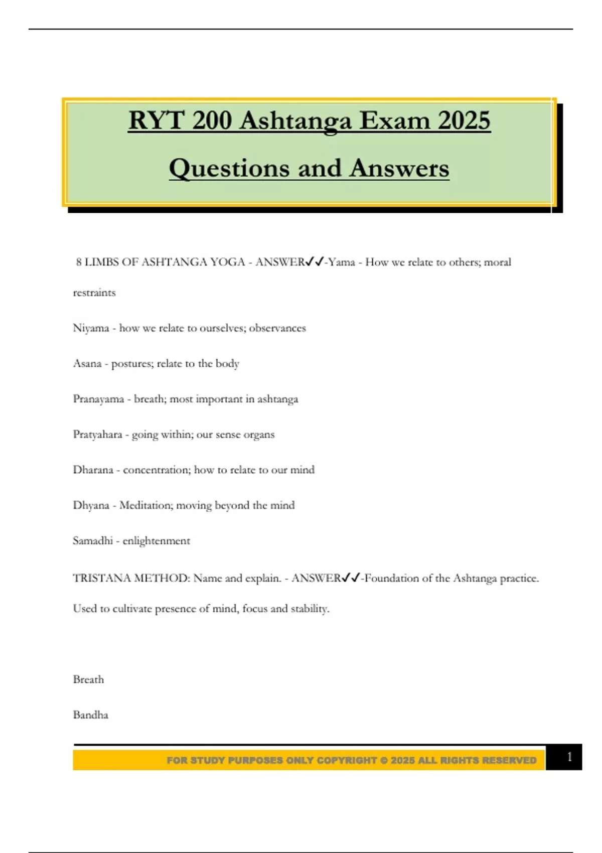 RYT 200 Ashtanga Exam 2025 Questions and Answers - Yoga RYT 200 - Stuvia US