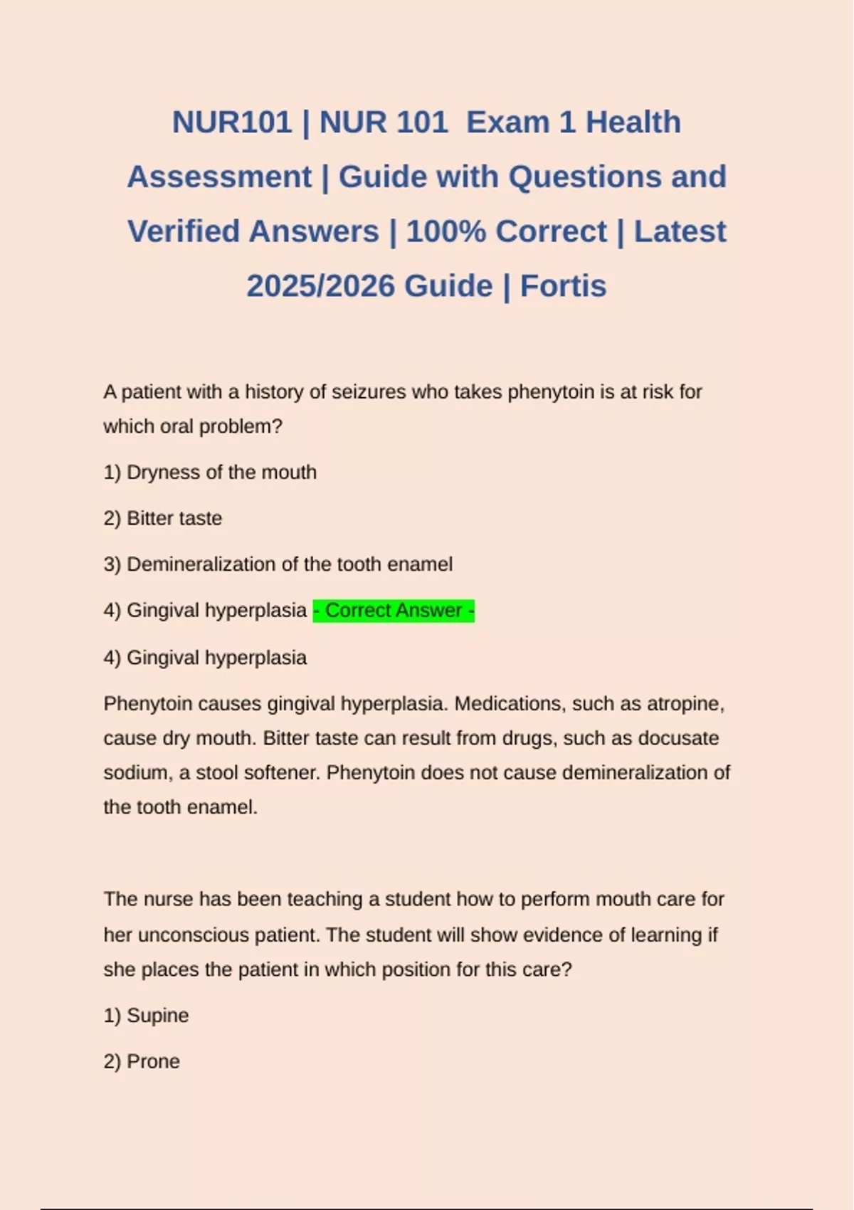 NUR101 | NUR 101 Exam 1 Health Assessment | Guide with Questions and ...