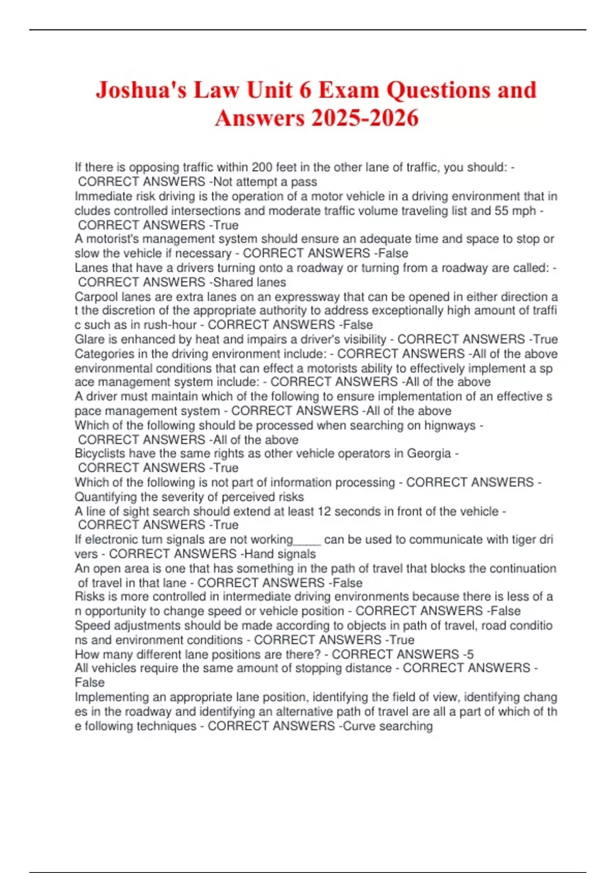 Joshua-s Law Unit 6 Exam Questions and Answers - Joshua Law - Stuvia US
