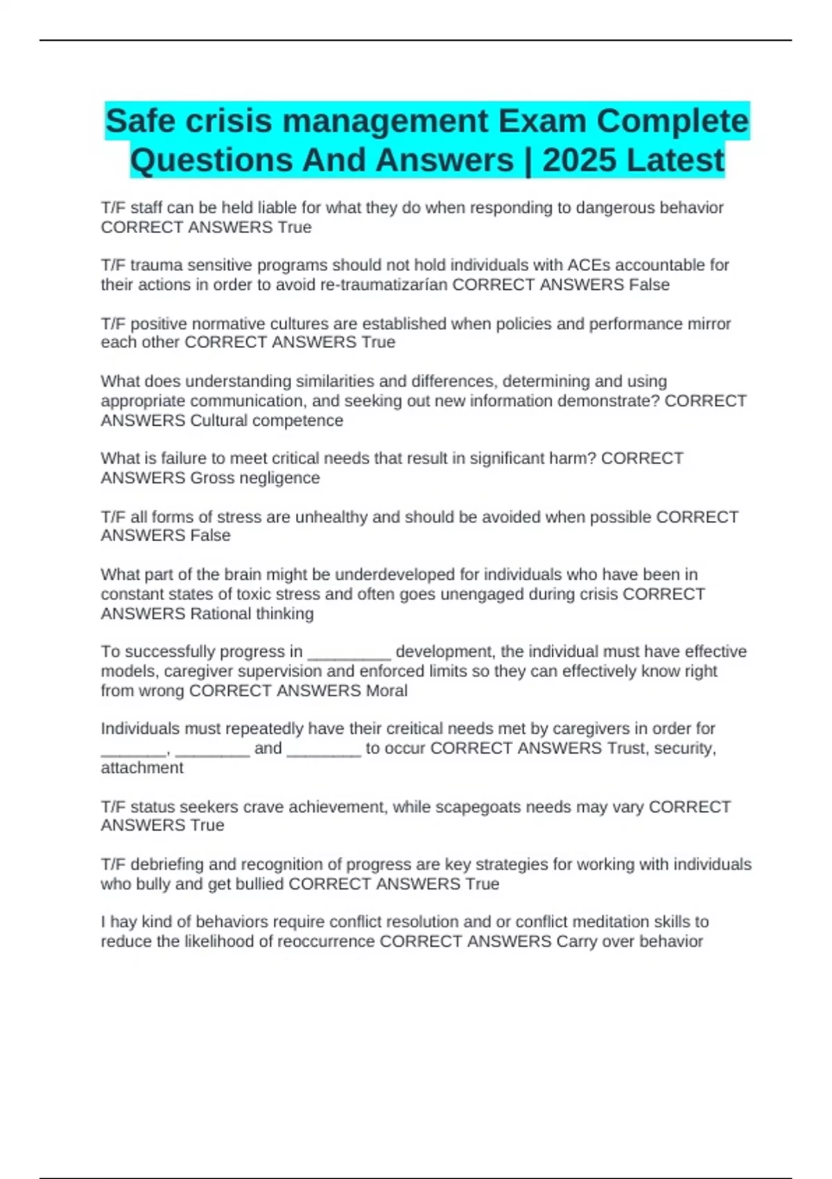 Safe crisis management Exam Complete Questions And Answers | 2025 ...