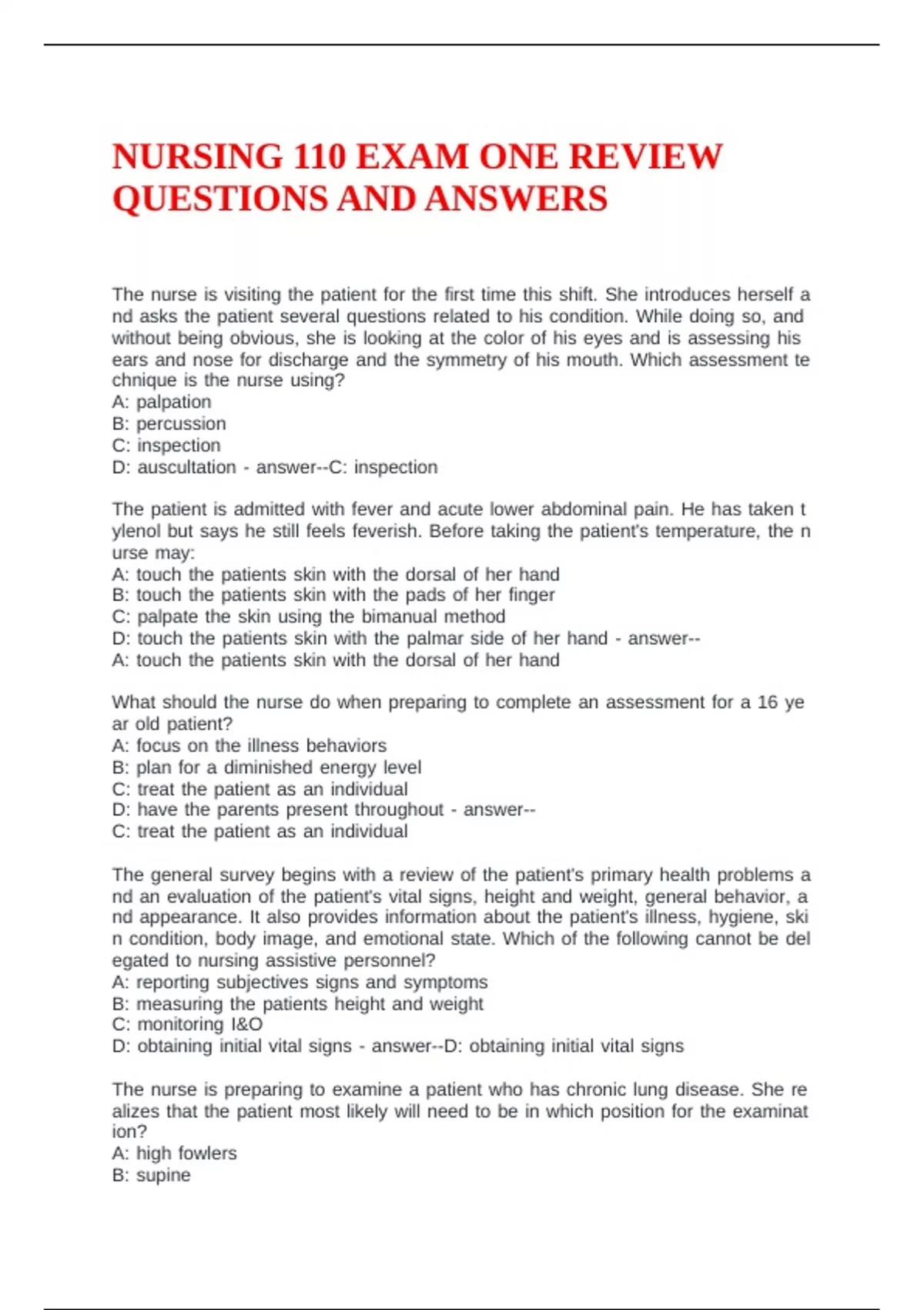 NURSING 110 EXAM ONE REVIEW QUESTIONS AND ANSWERS - NURSING 110 - Stuvia US
