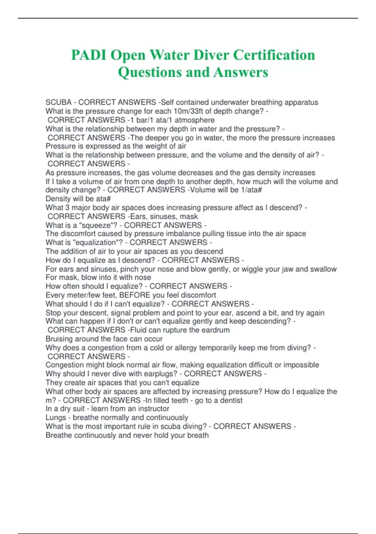 PADI Open Water Diver Certification Questions and Answers - PADI, Open ...