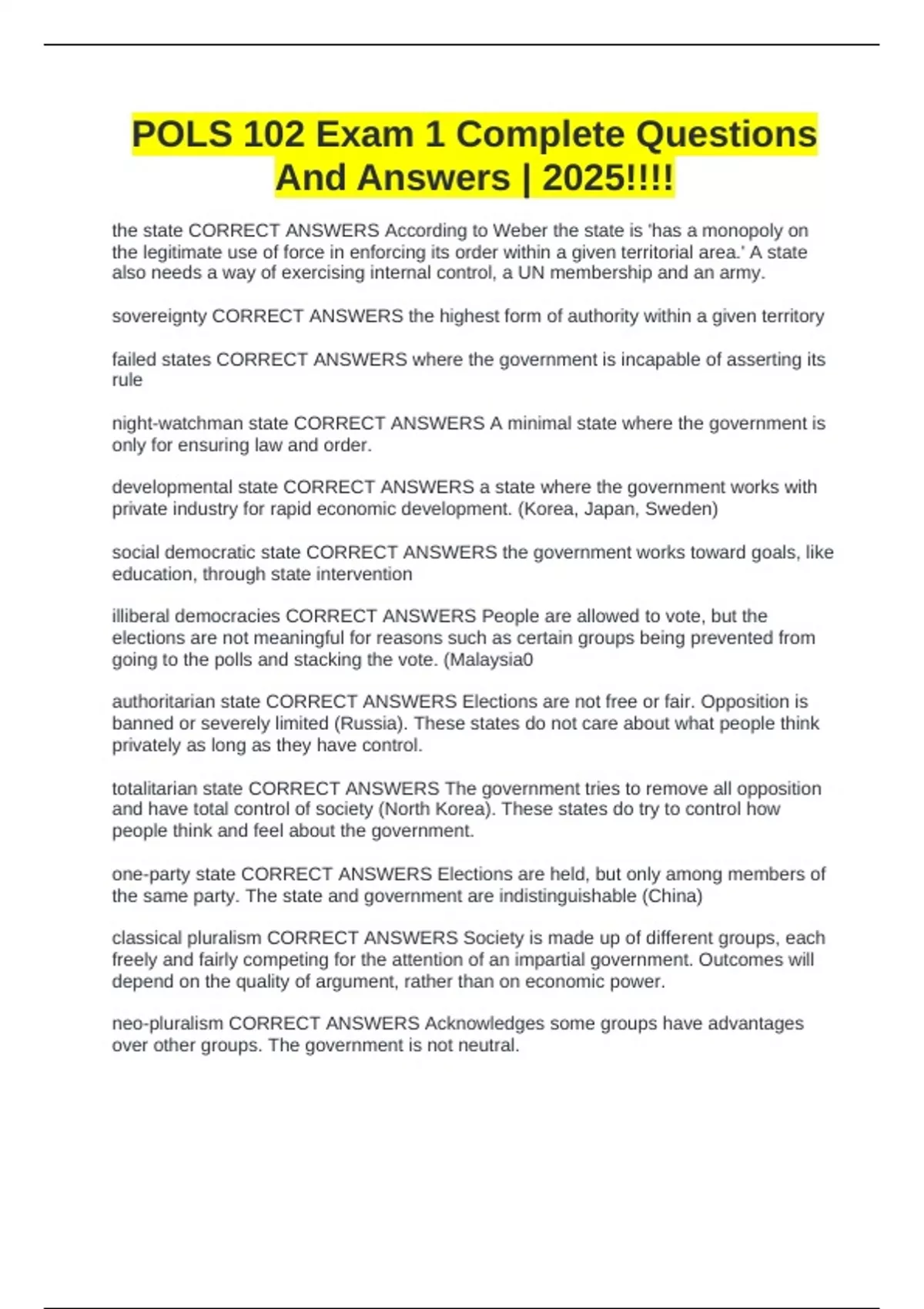 POLS 102 Exam 1 Complete Questions And Answers | 2025!!!! - POLS 102 - Stuvia US