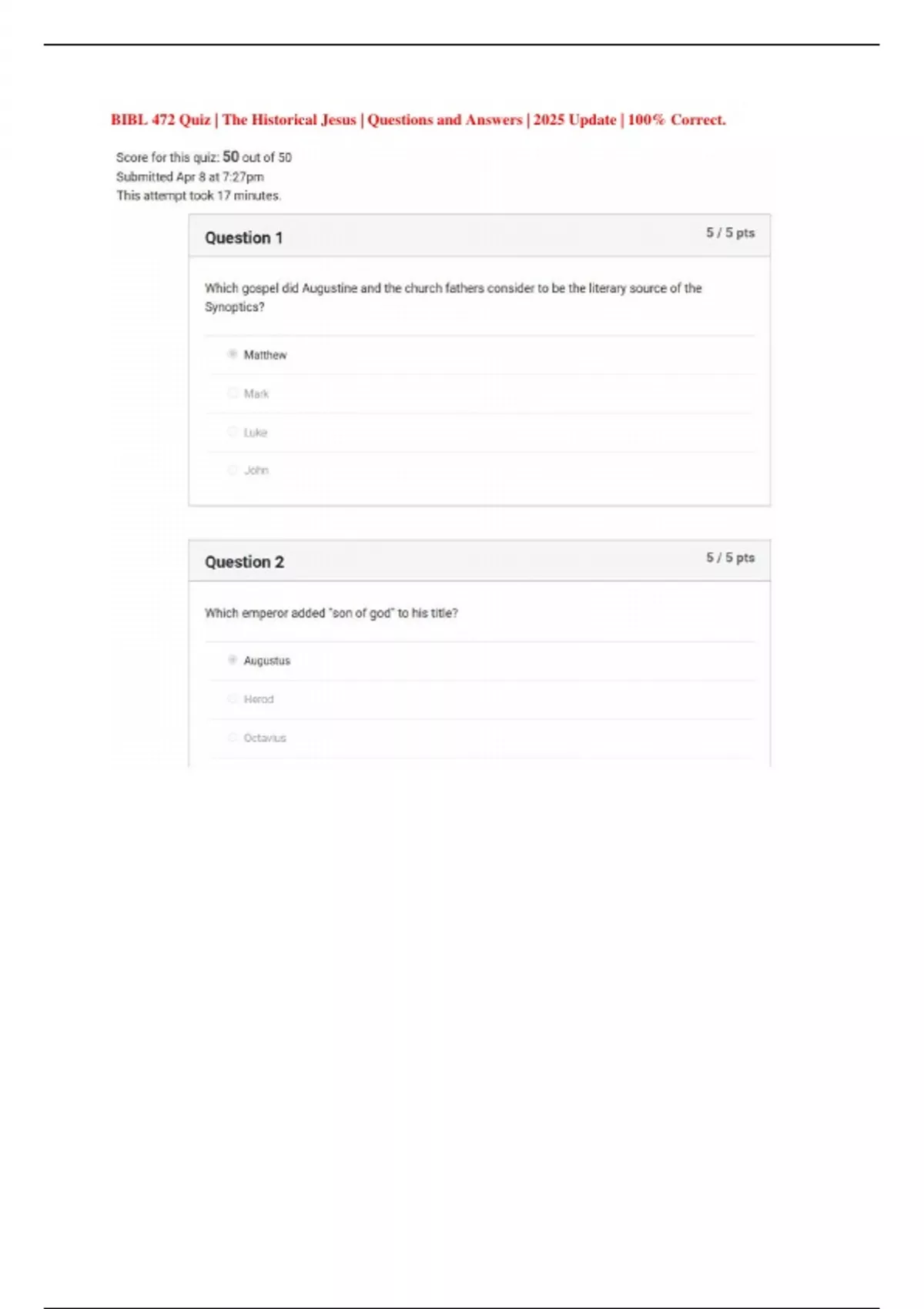 BIBL 472 Quiz | The Historical Jesus | Questions and Answers | 2025 ...