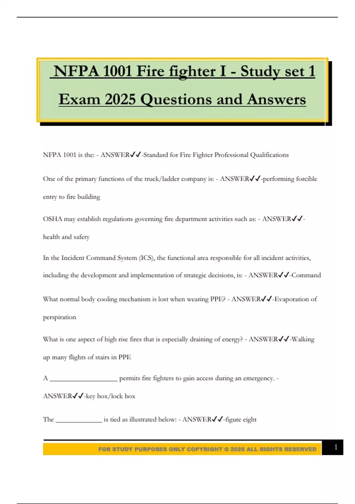 NFPA 1001 Fire fighter I - Study set 1 Exam 2025 Questions and Answers - Nfpa - Stuvia US