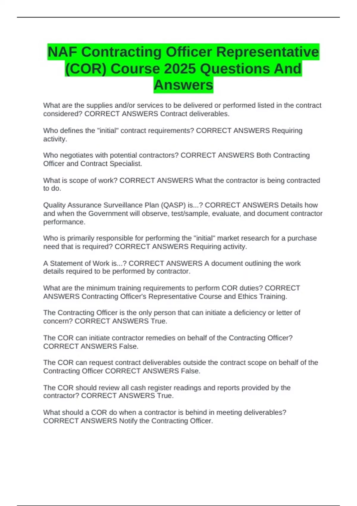 NAF Contracting Officer Representative (COR) Course 2025 Questions And ...