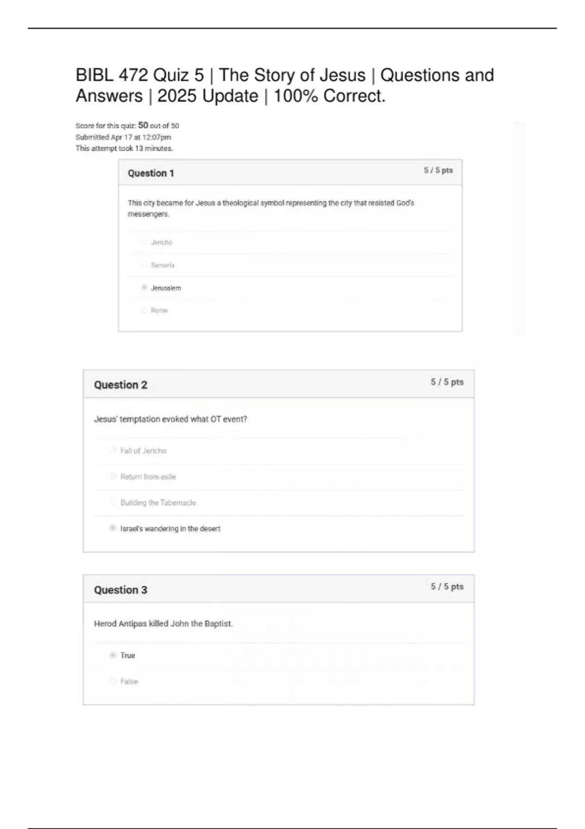 BIBL 472 Quiz 5 | The Story of Jesus | Questions and Answers | 2025 ...