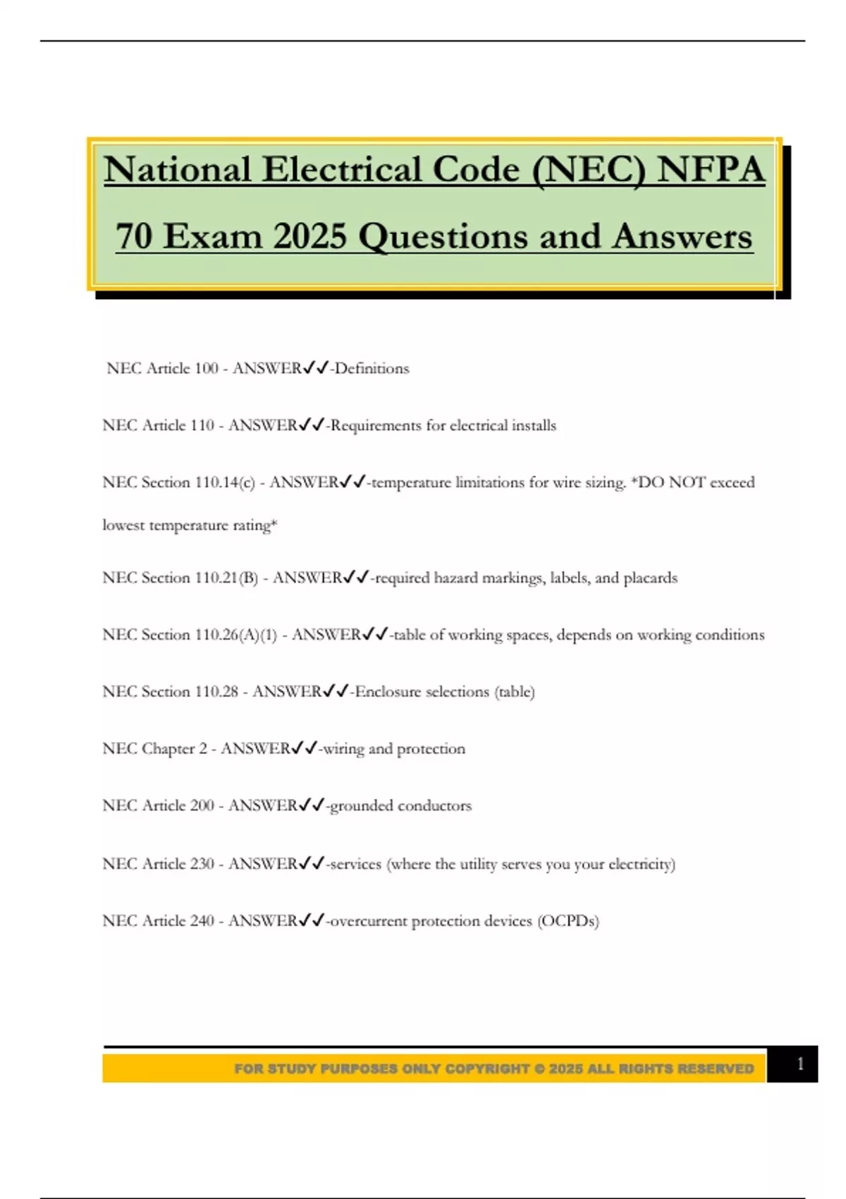 National Electrical Code (NEC) NFPA 70 Exam 2025 Questions and Answers - Nfpa - Stuvia US