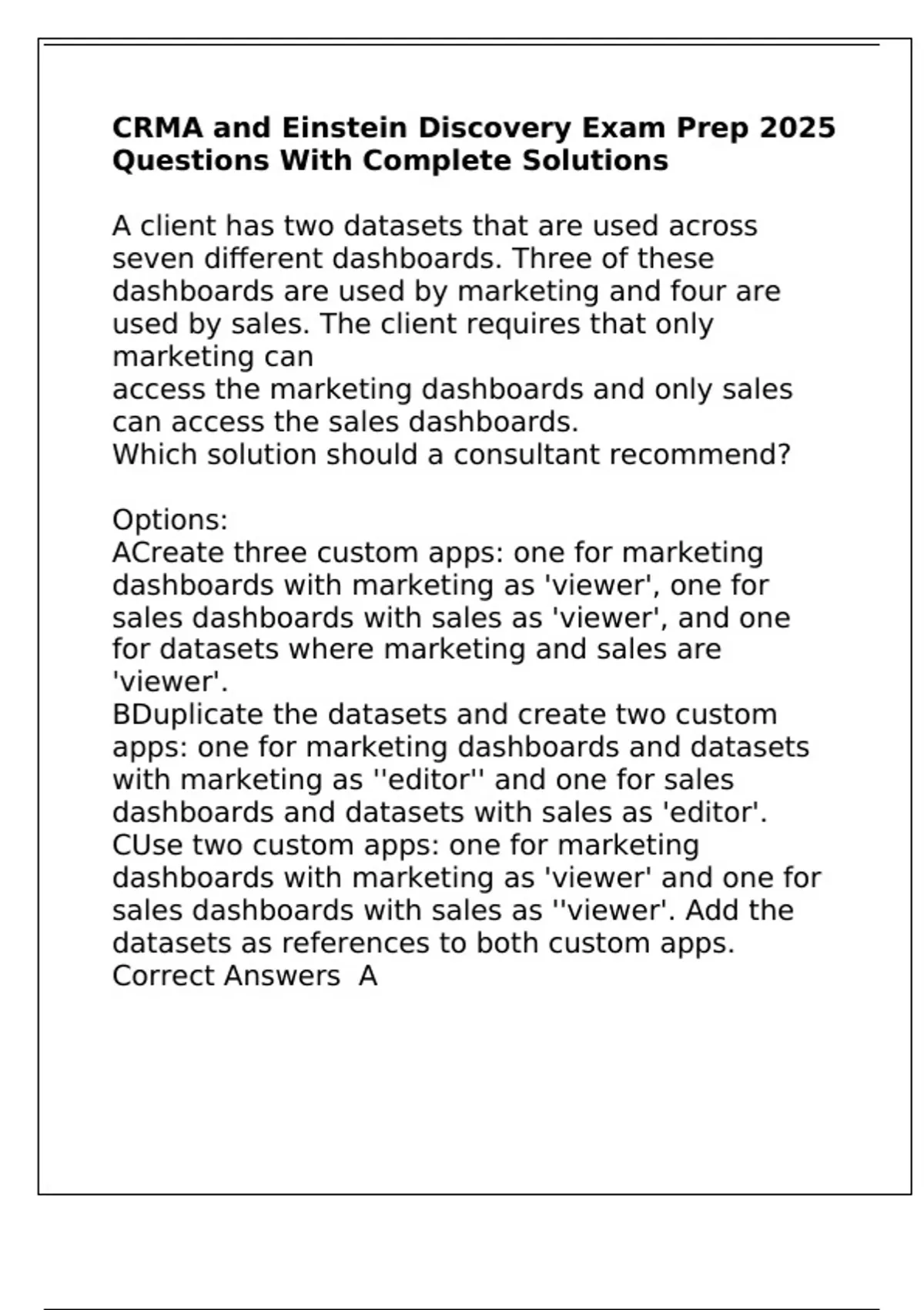 CRMA and Einstein Discovery Exam Prep 2025 Questions With Complete Solutions - CRMA - Stuvia US