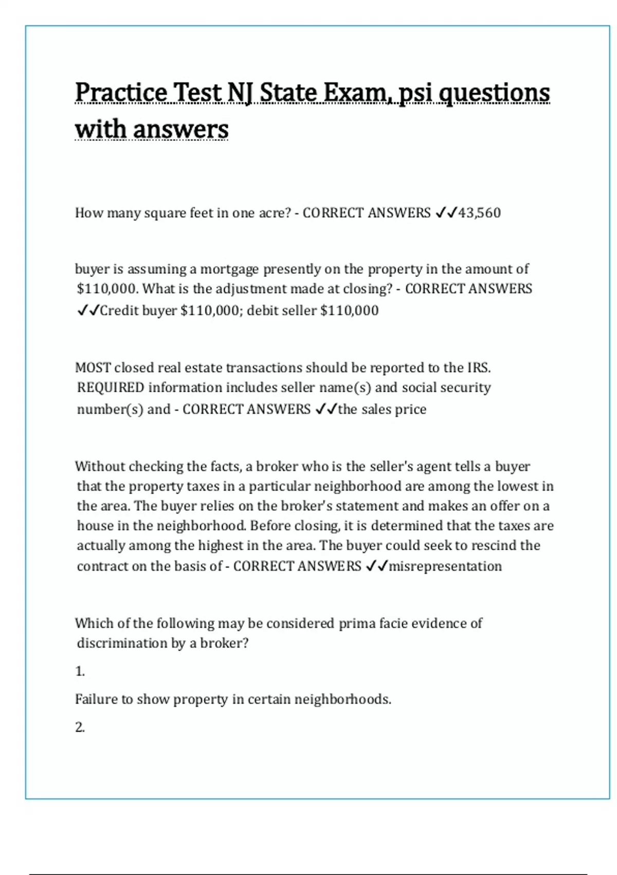 Practice Test NJ State Exam, psi questions with answers - PSI NJ Real ...