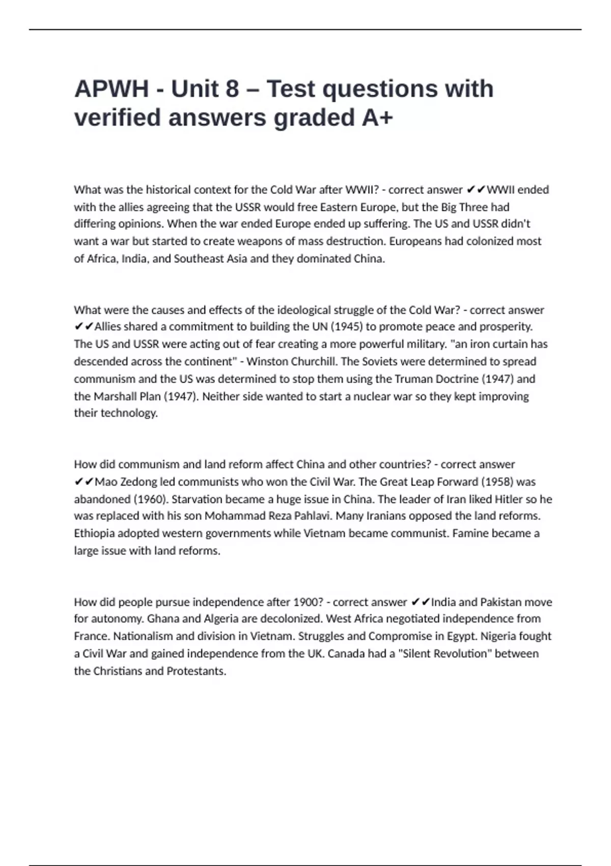 APWH - Unit 8 – Test questions with verified answers graded A+ - APWH ...