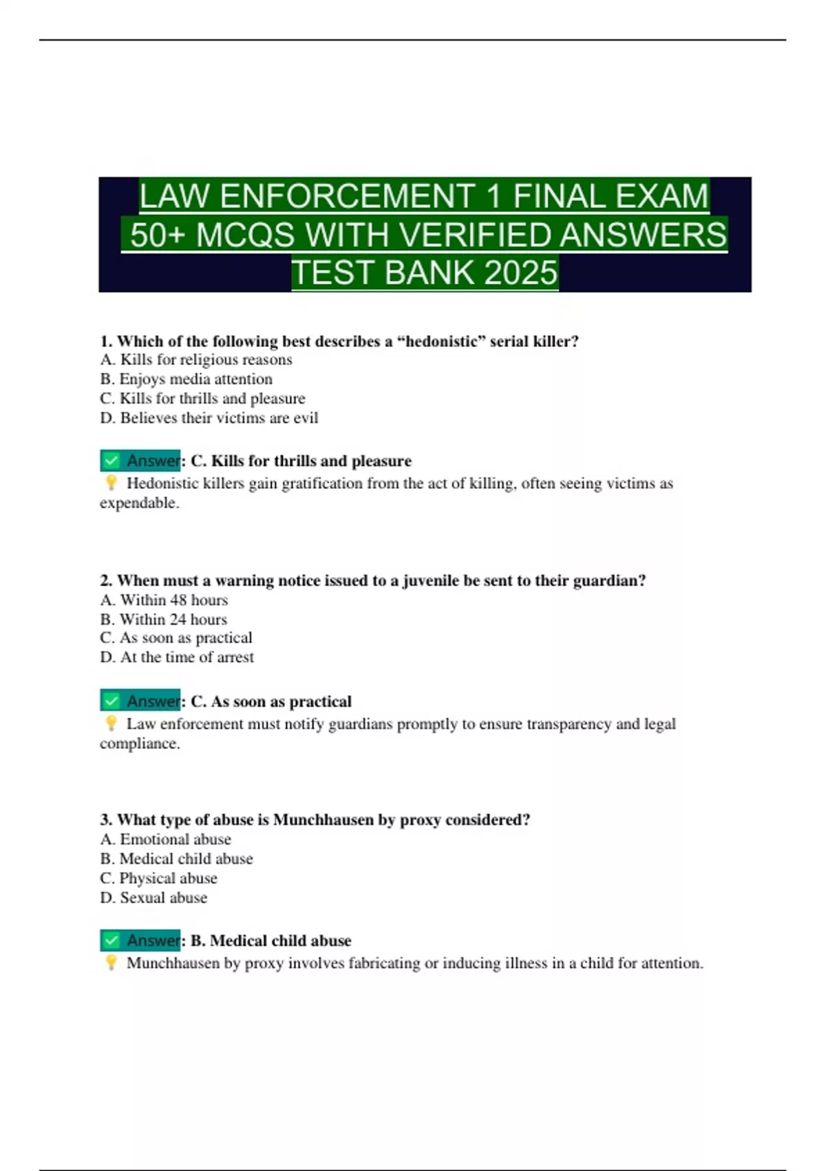Law Enforcement 1 Final Exam Test Bank: 50+ MCQs with Verified Answers ...