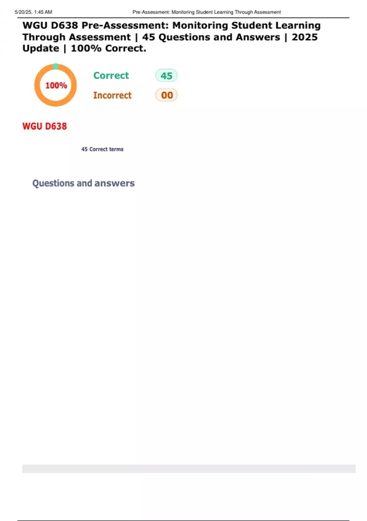 WGU D638 Pre-Assessment: Monitoring Student Learning Through Assessment ...