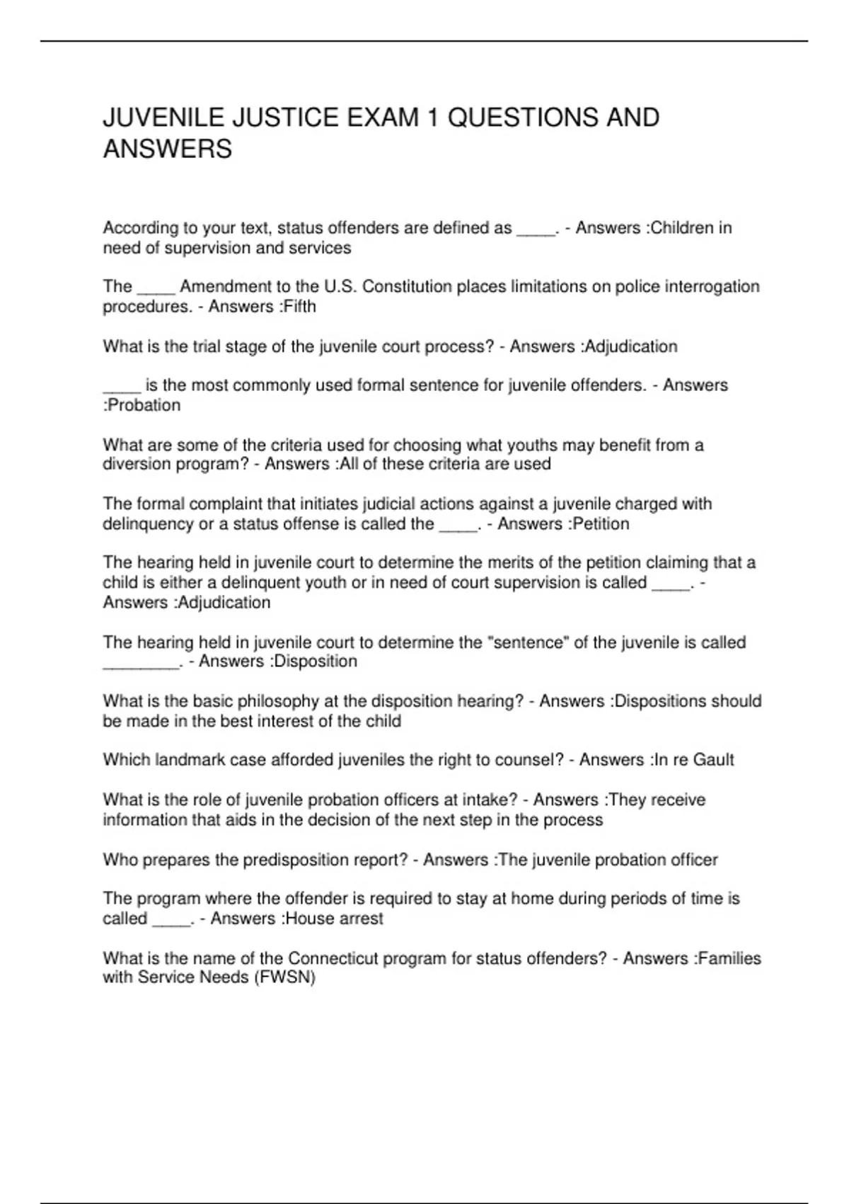 JUVENILE JUSTICE EXAM 1 QUESTIONS AND ANSWERS - JUVENILE JUSTICE ...