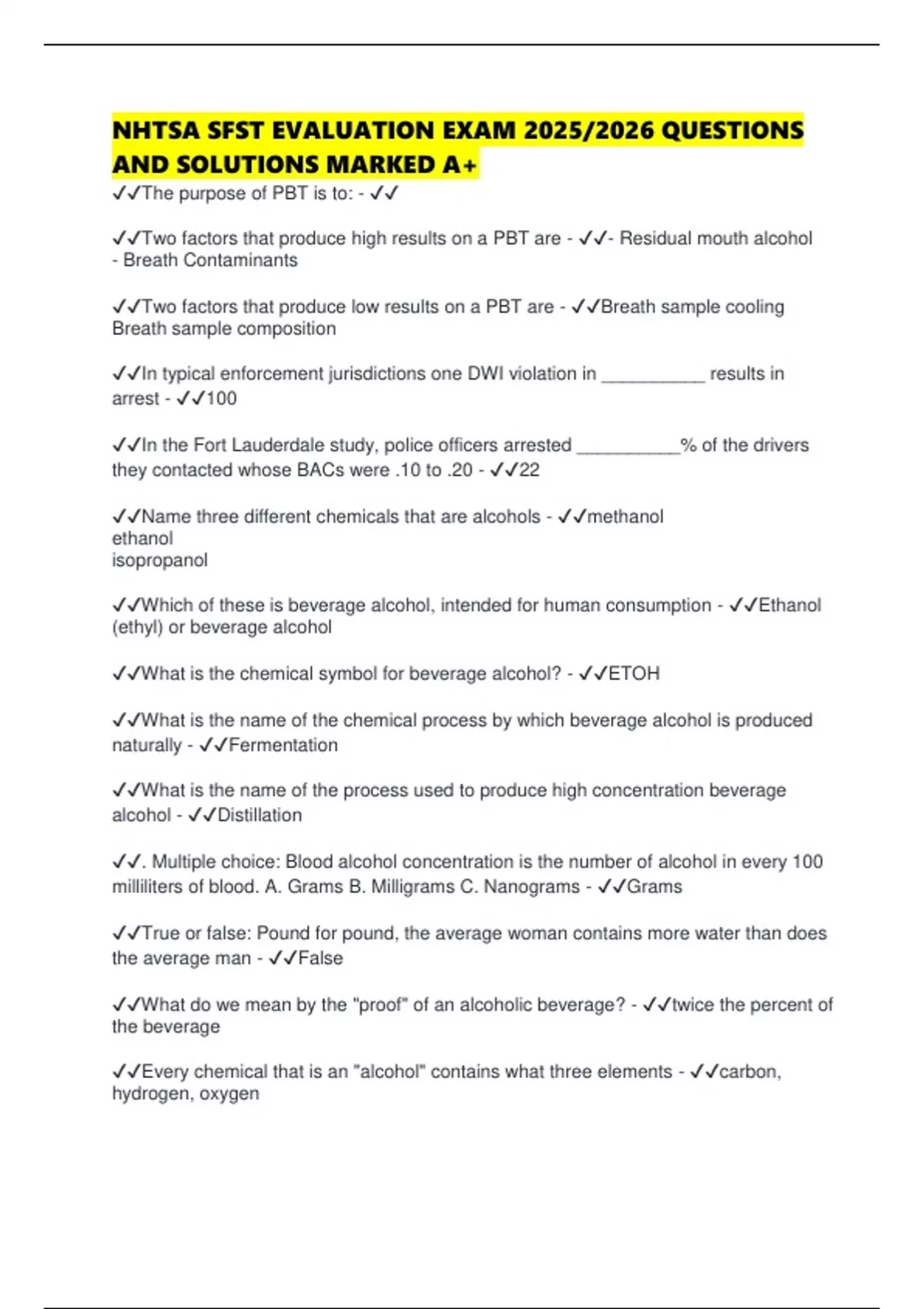 NHTSA SFST EVALUATION EXAM 2025/2026 QUESTIONS AND SOLUTIONS MARKED A+ ...