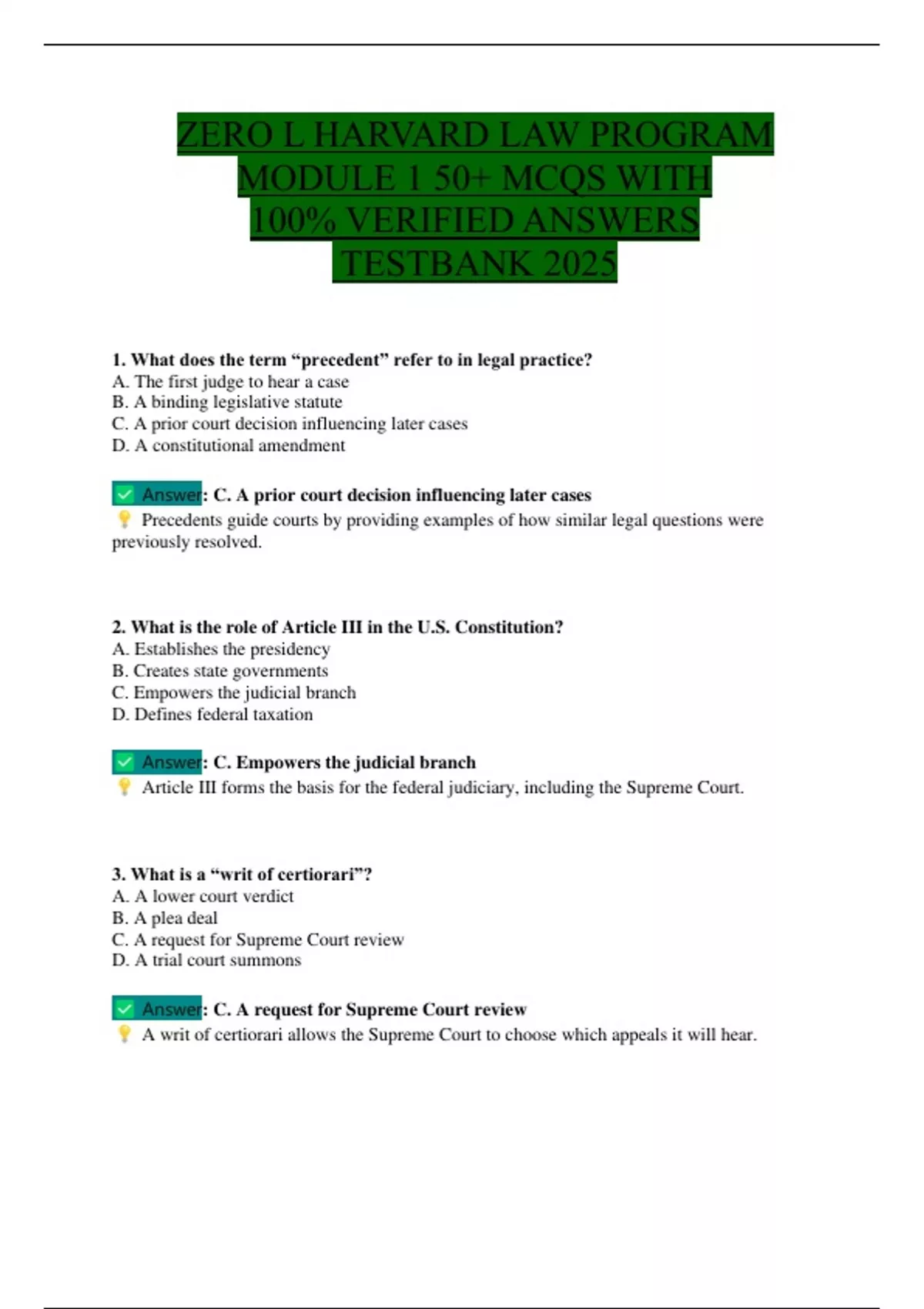 Harvard Law Zero-L Program Module 1 Test Bank: 80+ MCQs with Verified ...