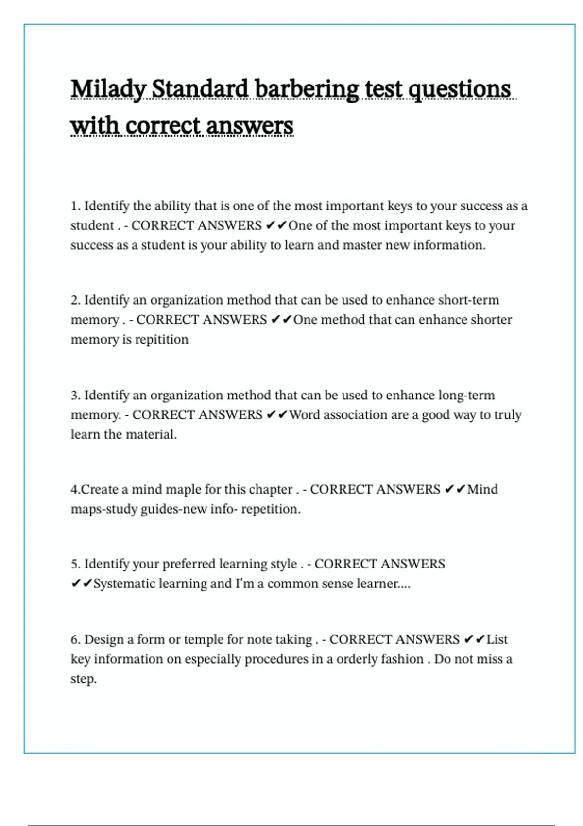 Milady Standard barbering test questions with correct answers - Milady ...