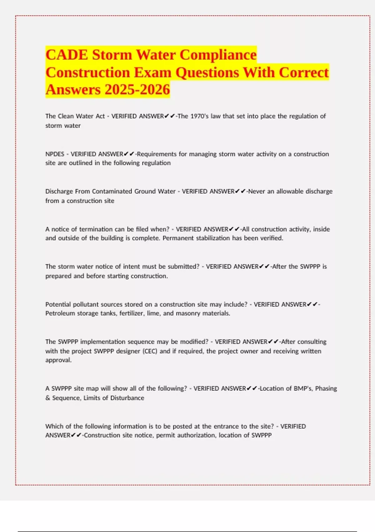 CADE Storm Water Compliance Construction Exam Questions With Correct ...