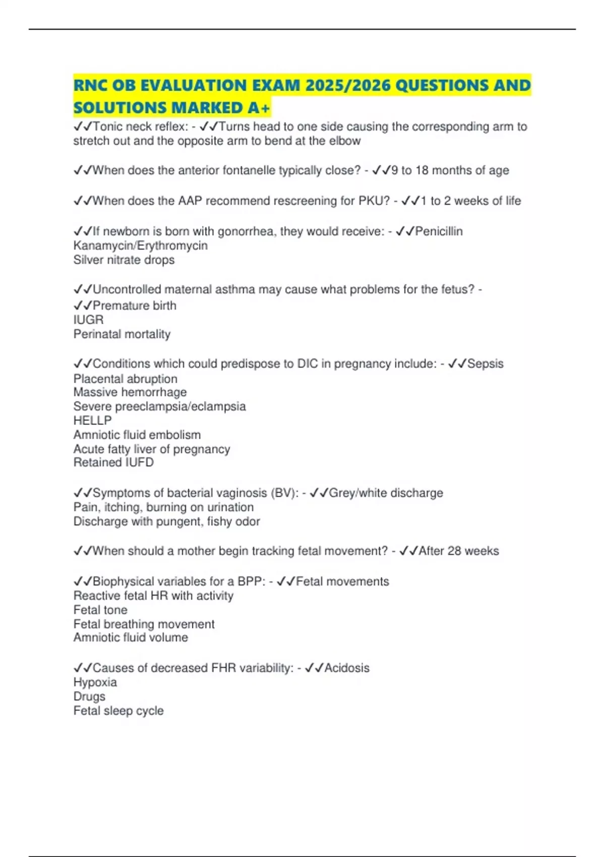 RNC OB EVALUATION EXAM 2025.pdf - Rnc OB - Stuvia US