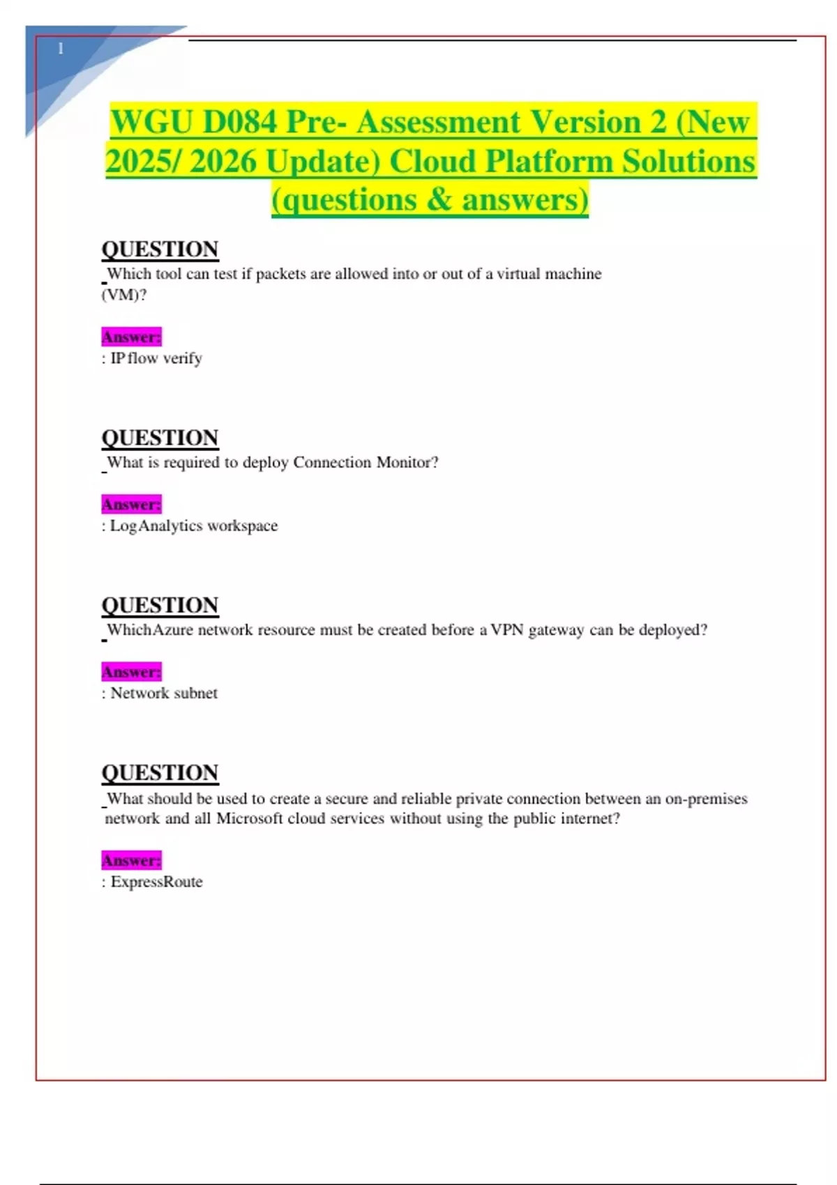 WGU D084 Pre- Assessment Version 2 (New Update) Cloud Platform ...