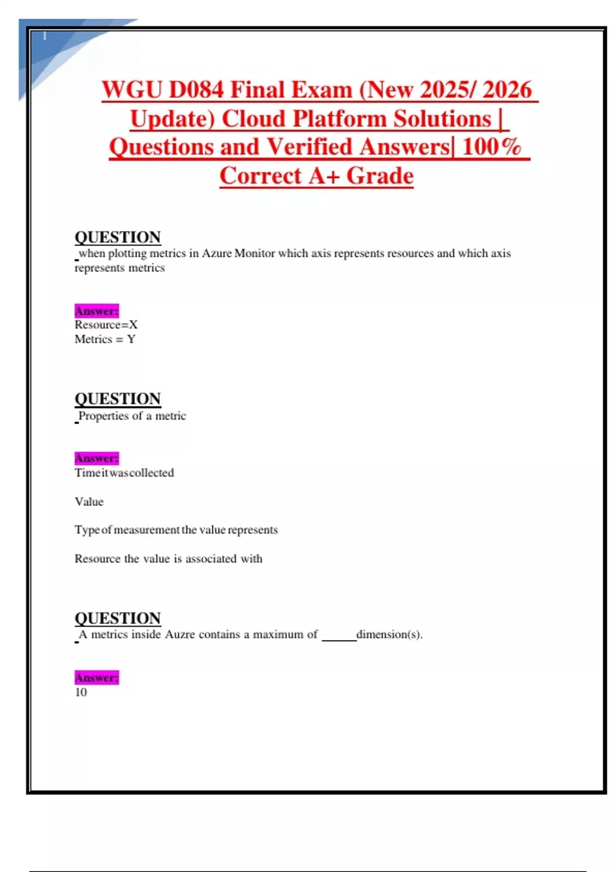 WGU D084 Final Exam (New Update) Cloud Platform Solutions Questions and ...