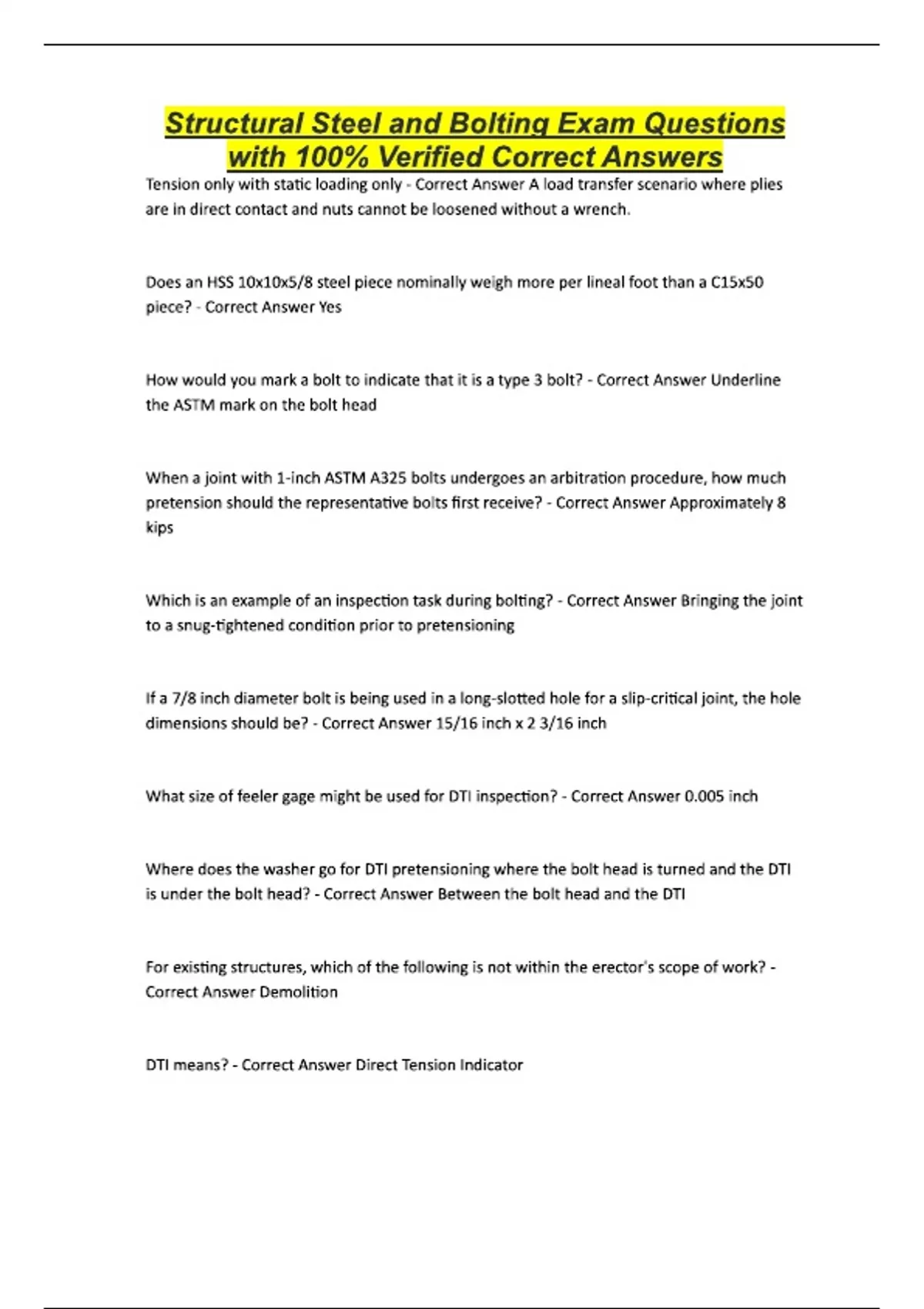 Structural Steel and Bolting Exam Questions with 100% Verified Correct ...