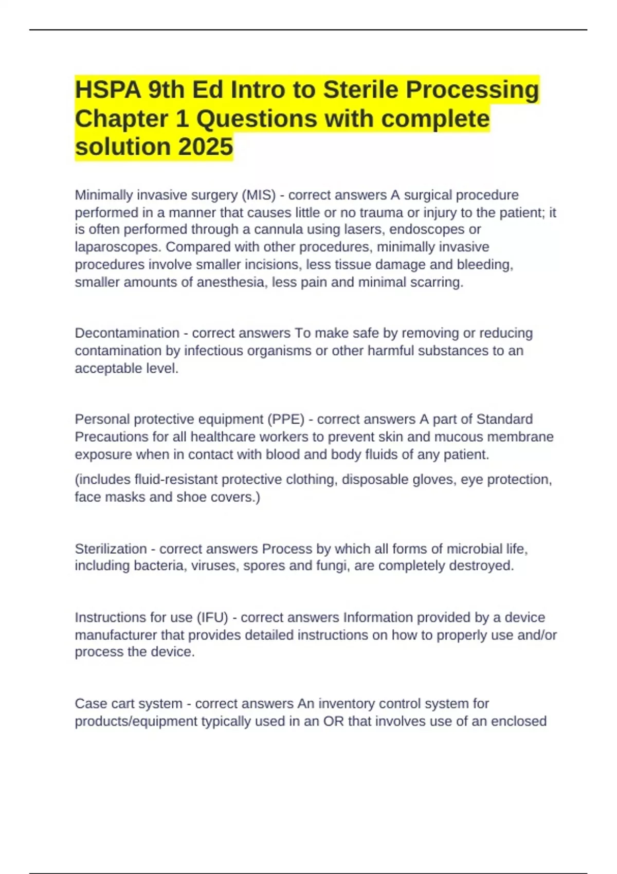 HSPA 9th Ed Intro to Sterile Processing Chapter 1 Questions with ...