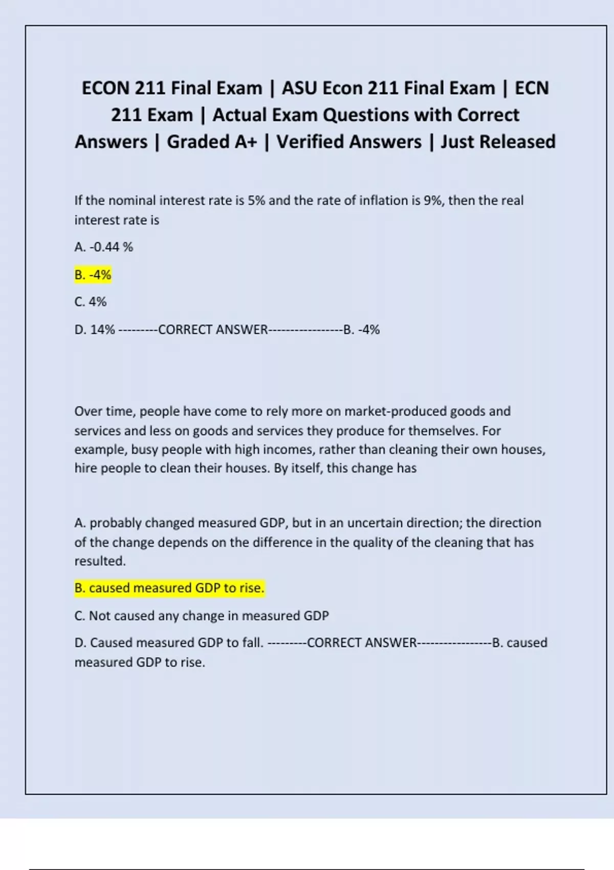 ECON 211 Final Exam | ASU Econ 211 Final Exam | ECN 211 Exam | Actual Exam Questions with ...