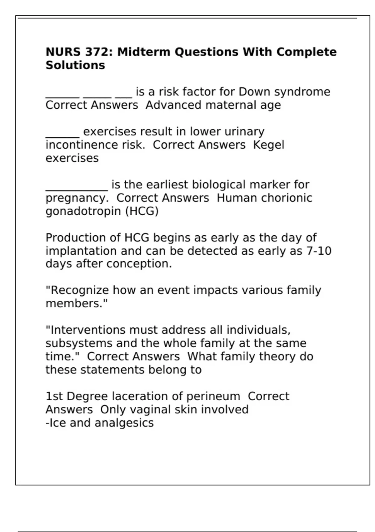 NURS 372: Midterm Questions With Complete Solutions - NURS 372 - Stuvia US