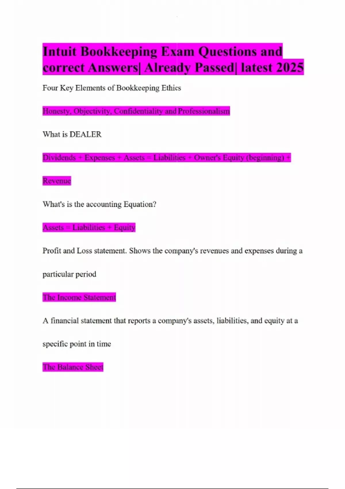 Intuit Bookkeeping Exam Questions and correct Answers| Already Passed ...