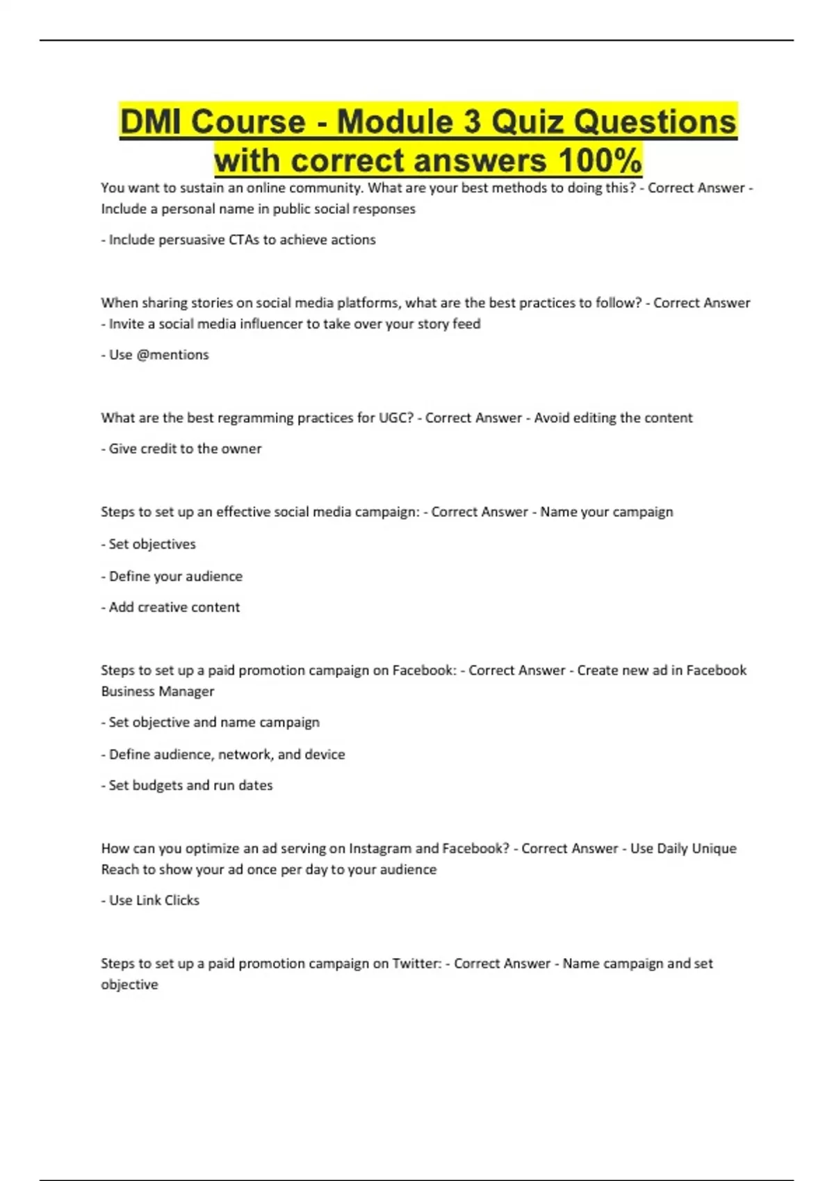 DMI Course - Module 3 Quiz Questions with correct answers 100% - DMI ...