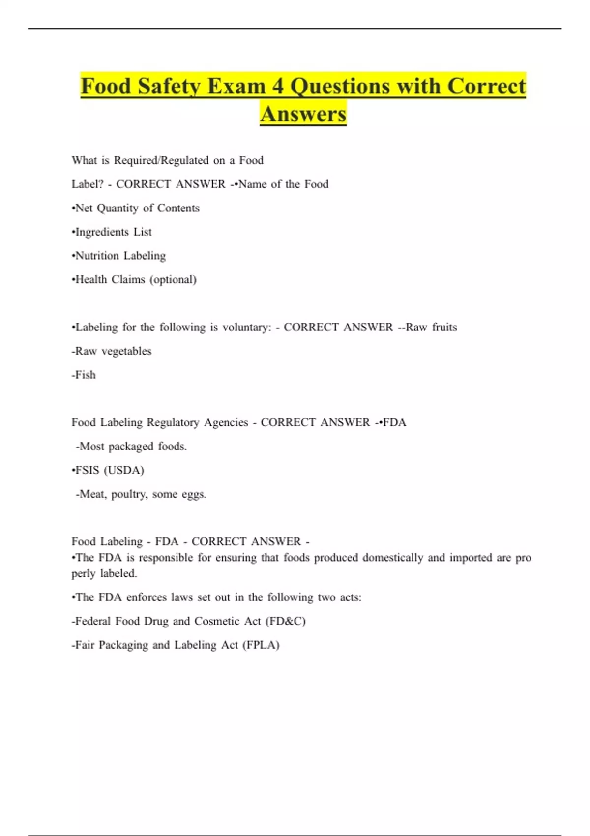 Food Safety Exam 4 Questions with Correct Answers - Food Safety - Stuvia US