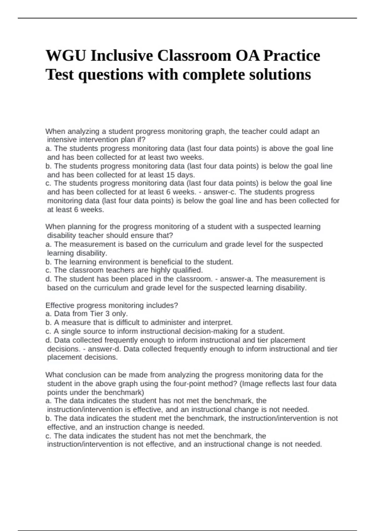 WGU Inclusive Classroom OA Practice Test questions with complete ...
