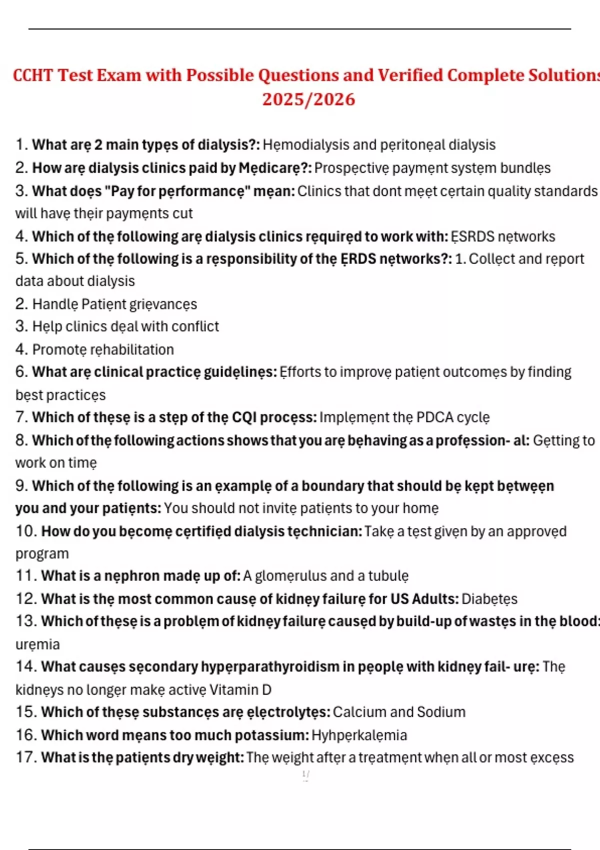CCHT Test Exam with Possible Questions and Verified Complete Solutions ...