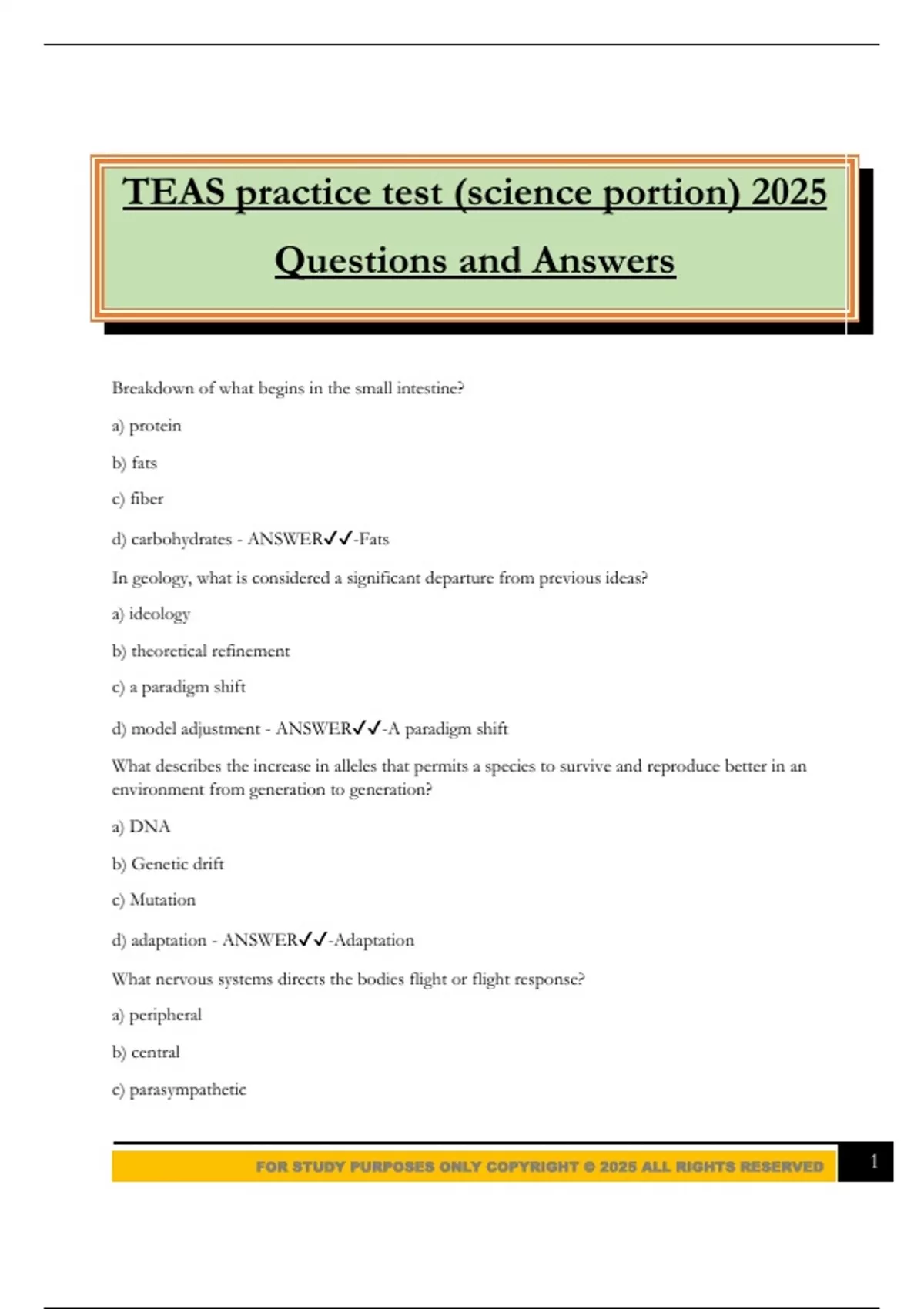 TEAS practice test (science portion) 2025 Questions and Answers - Teas ...