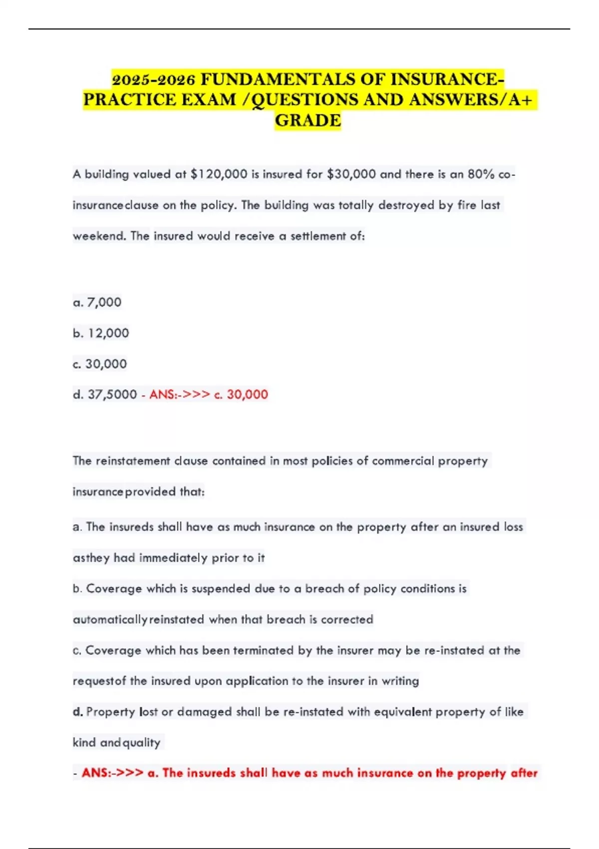 FUNDAMENTALS OF INSURANCE-PRACTICE EXAM /QUESTIONS AND ANSWERS/A+ GRADE ...