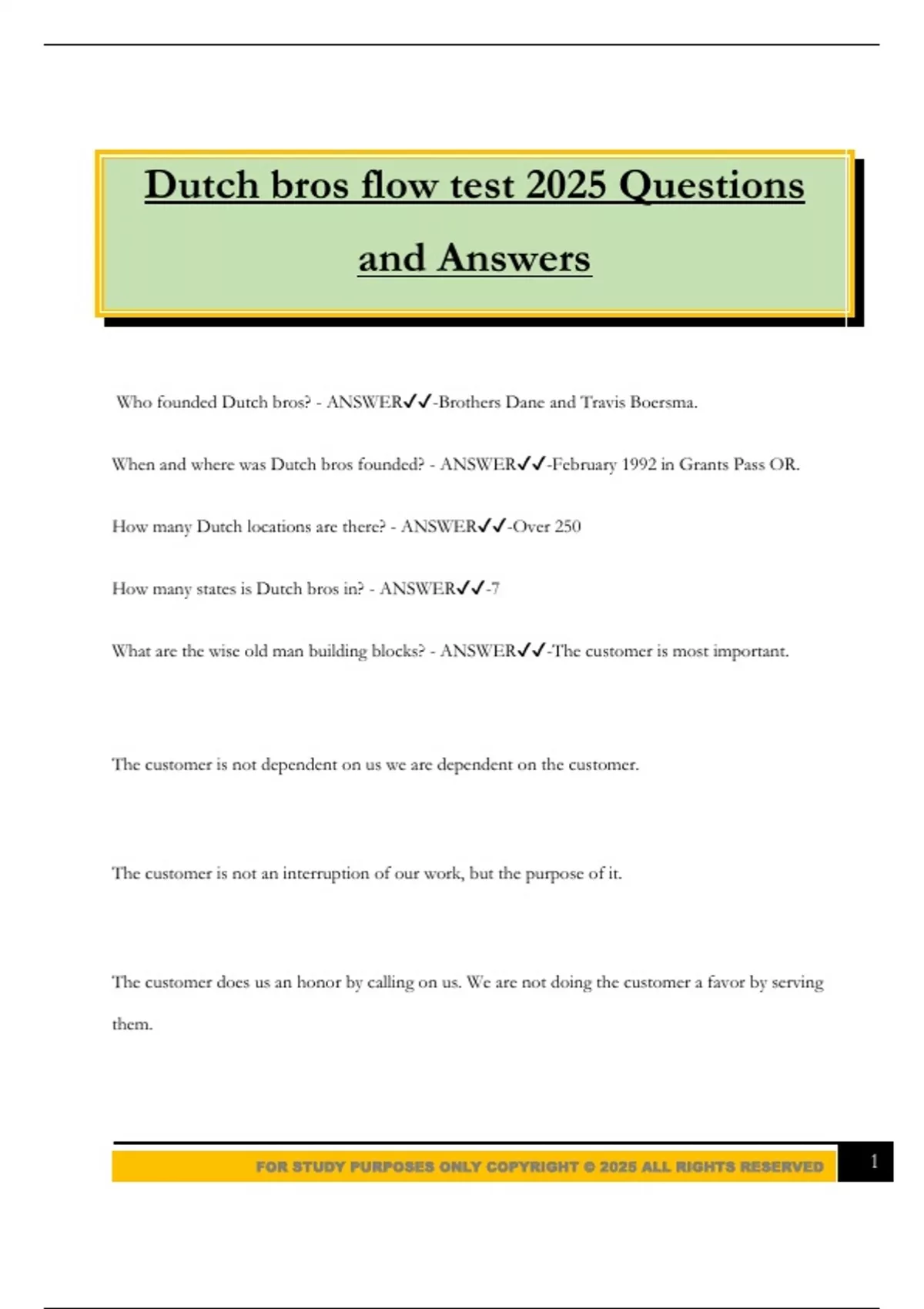 Dutch bros flow test 2025 Questions and Answers - Dutch Bros - Stuvia US