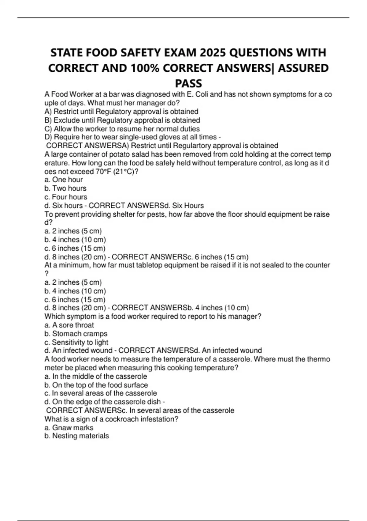 STATE FOOD SAFETY EXAM 2025 QUESTIONS WITH CORRECT AND 100% CORRECT ...