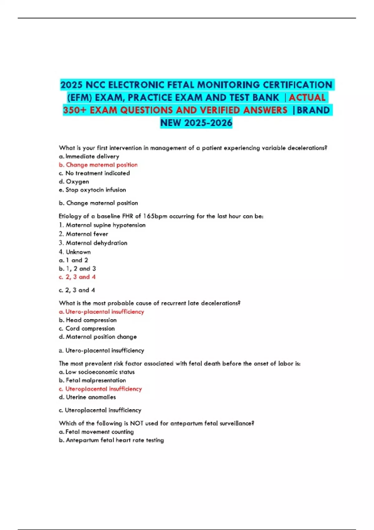 2025 NCC ELECTRONIC FETAL MONITORING CERTIFICATION (EFM) EXAM, PRACTICE ...