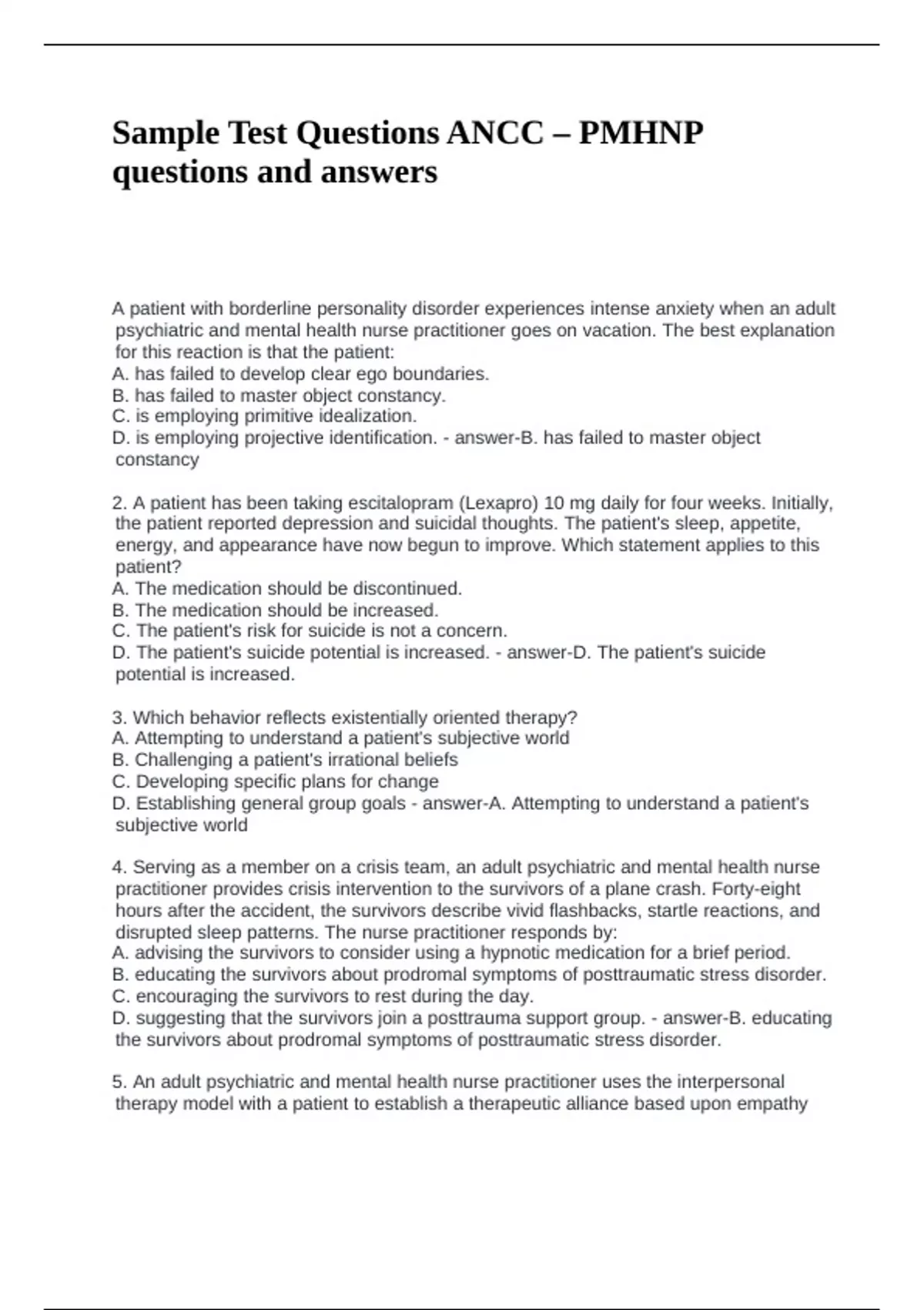 Sample Test Questions ANCC/practice questions and answers - PMHNP ...