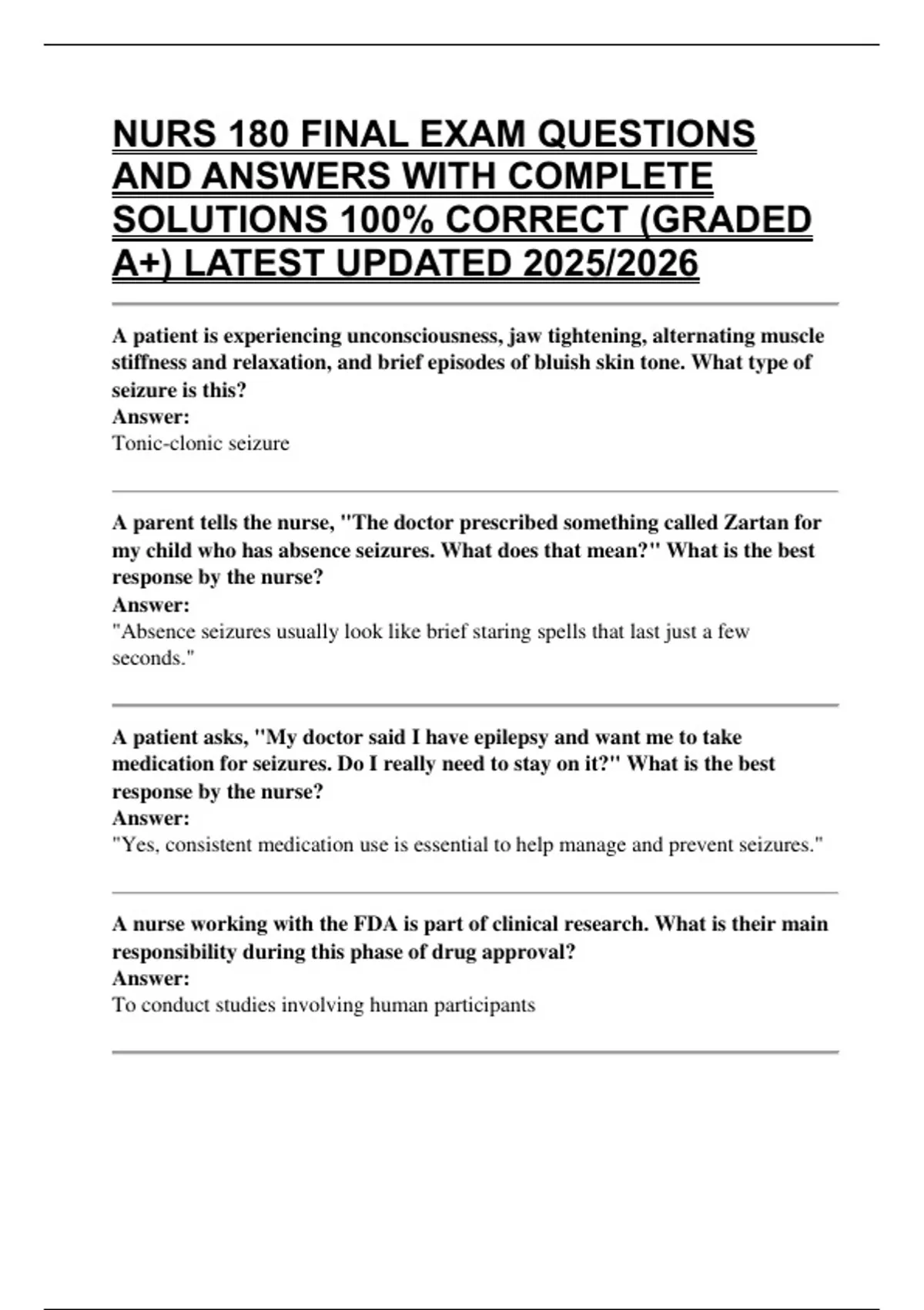 NURS 180 FINAL EXAM QUESTIONS AND ANSWERS WITH COMPLETE SOLUTIONS 100% CORRECT (GRADED A+ ...