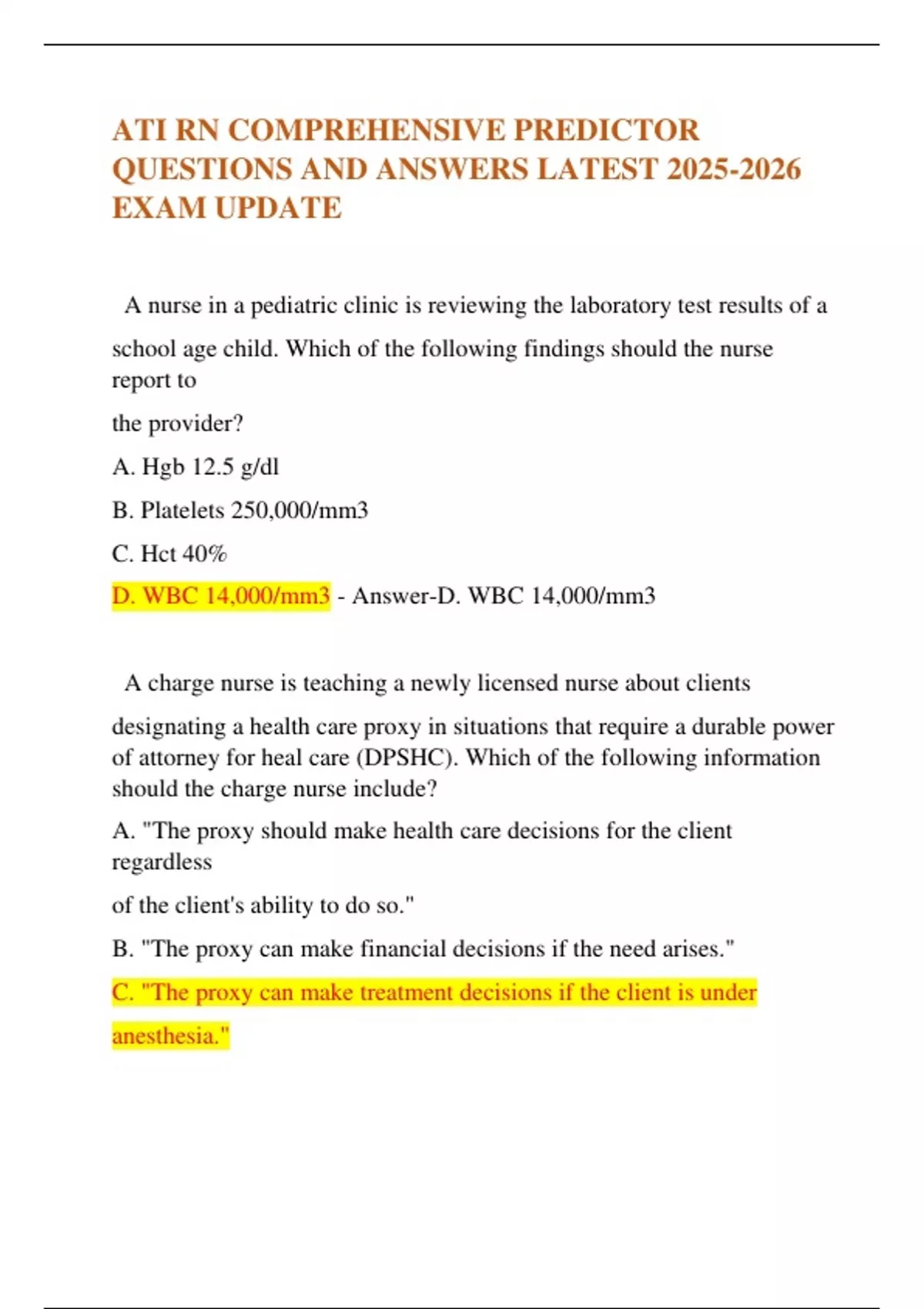 ATI RN COMPREHENSIVE PREDICTOR QUESTIONS AND ANSWERS LATEST EXAM UPDATE ...