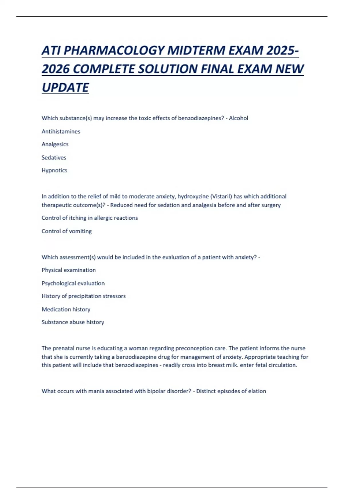 ATI Pharmacology Midterm Exam 2025–2026 – Complete Solution – Final Exam Guide with Verified ...