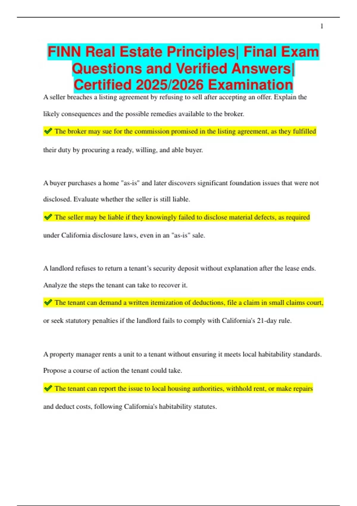 FINN Real Estate Principles| Final Exam Questions and Verified Answers ...