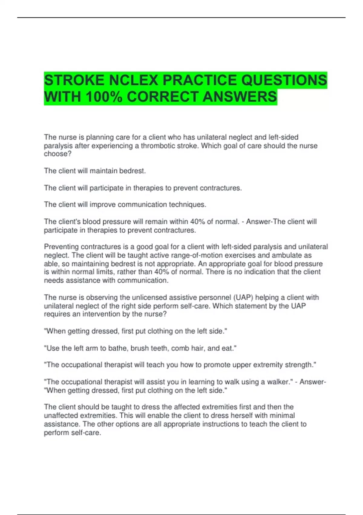 STROKE NCLEX PRACTICE QUESTIONS WITH 100% CORRECT ANSWERS - STROKE ...