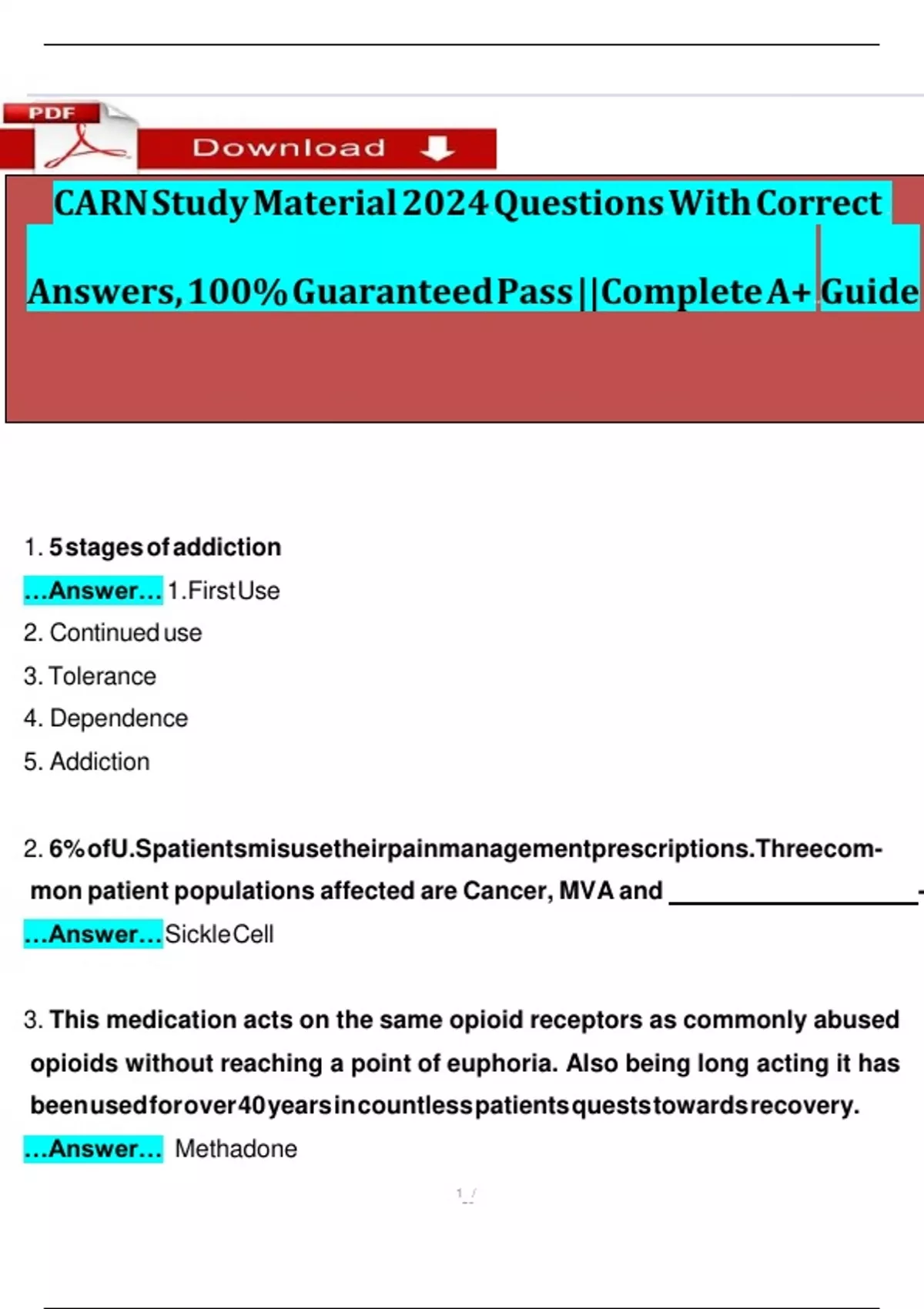 CARN STUDY MATERIAL 2024 QUESTIONS & ANSWERS SOLVED 100% CORRECT ...