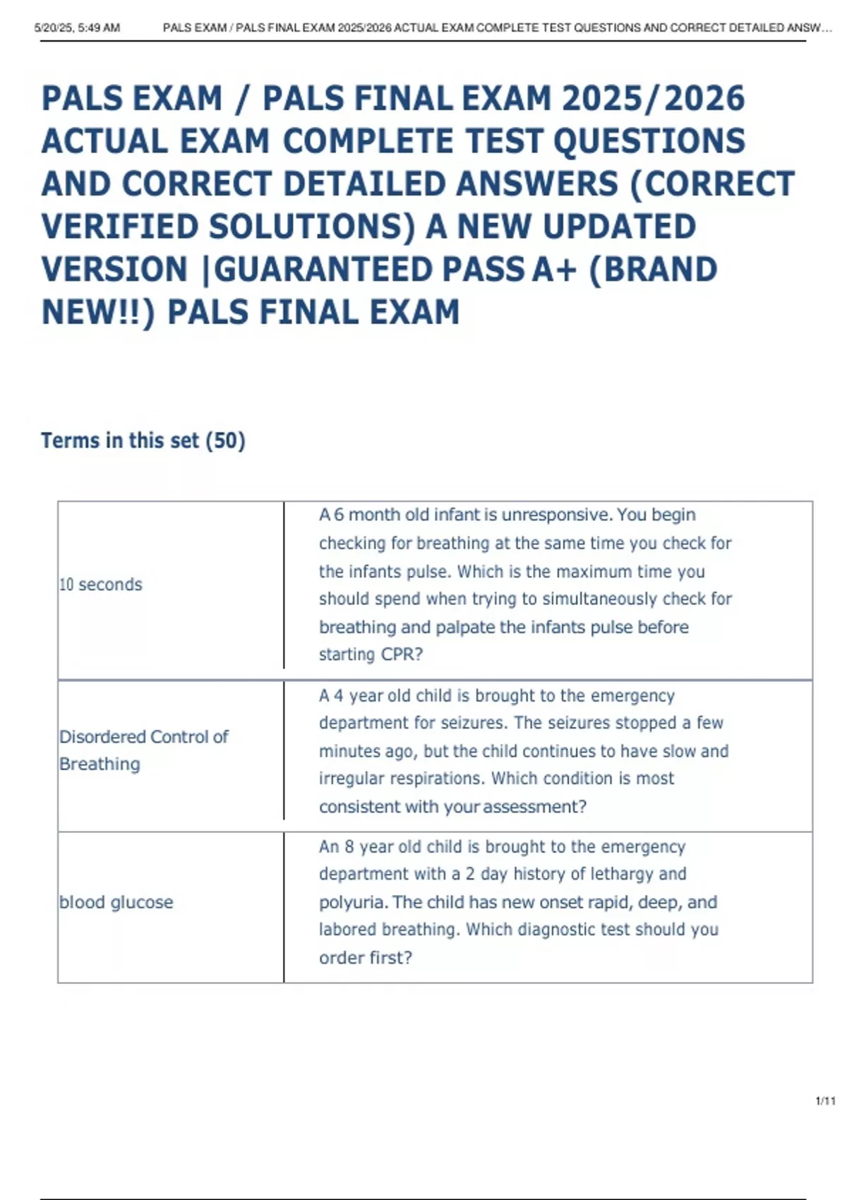 PALS EXAM / PALS FINAL EXAM 2025/2026 ACTUAL EXAM COMPLETE TEST ...